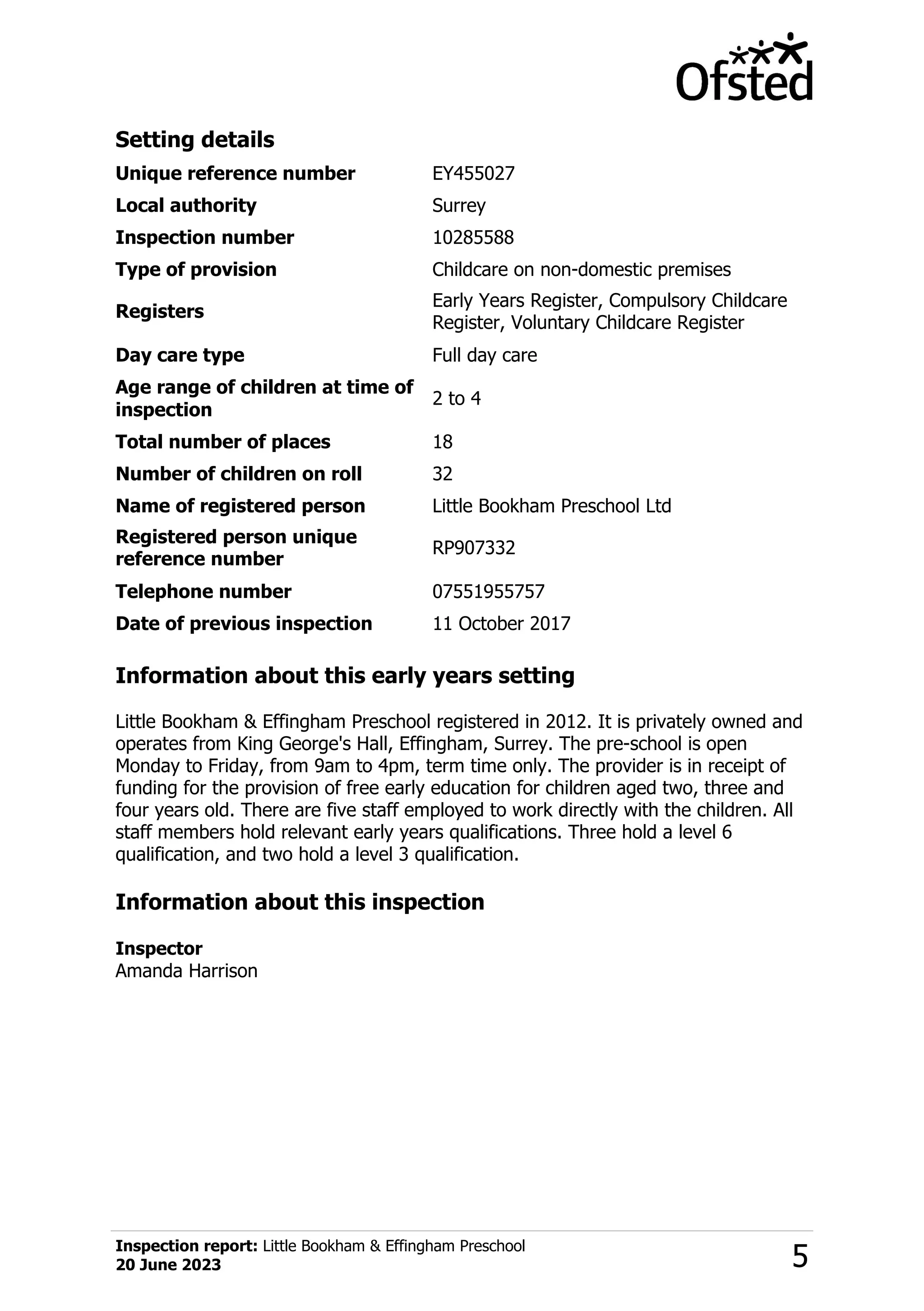 EY455027 Little Bookham & Effingham Preschool - Ofsted Inspection ...