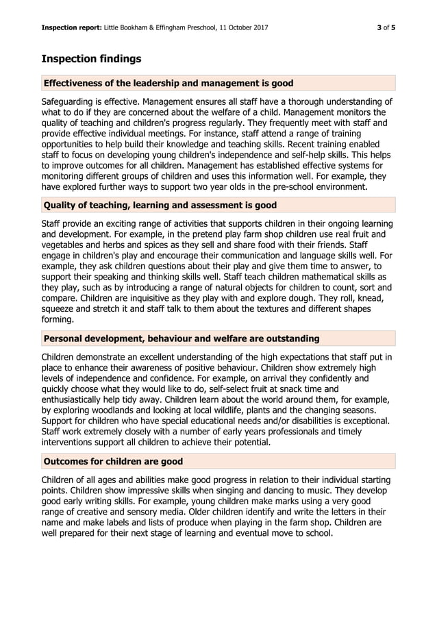 EY455027 Little Bookham & Effingham Preschool Inspection Report | PDF