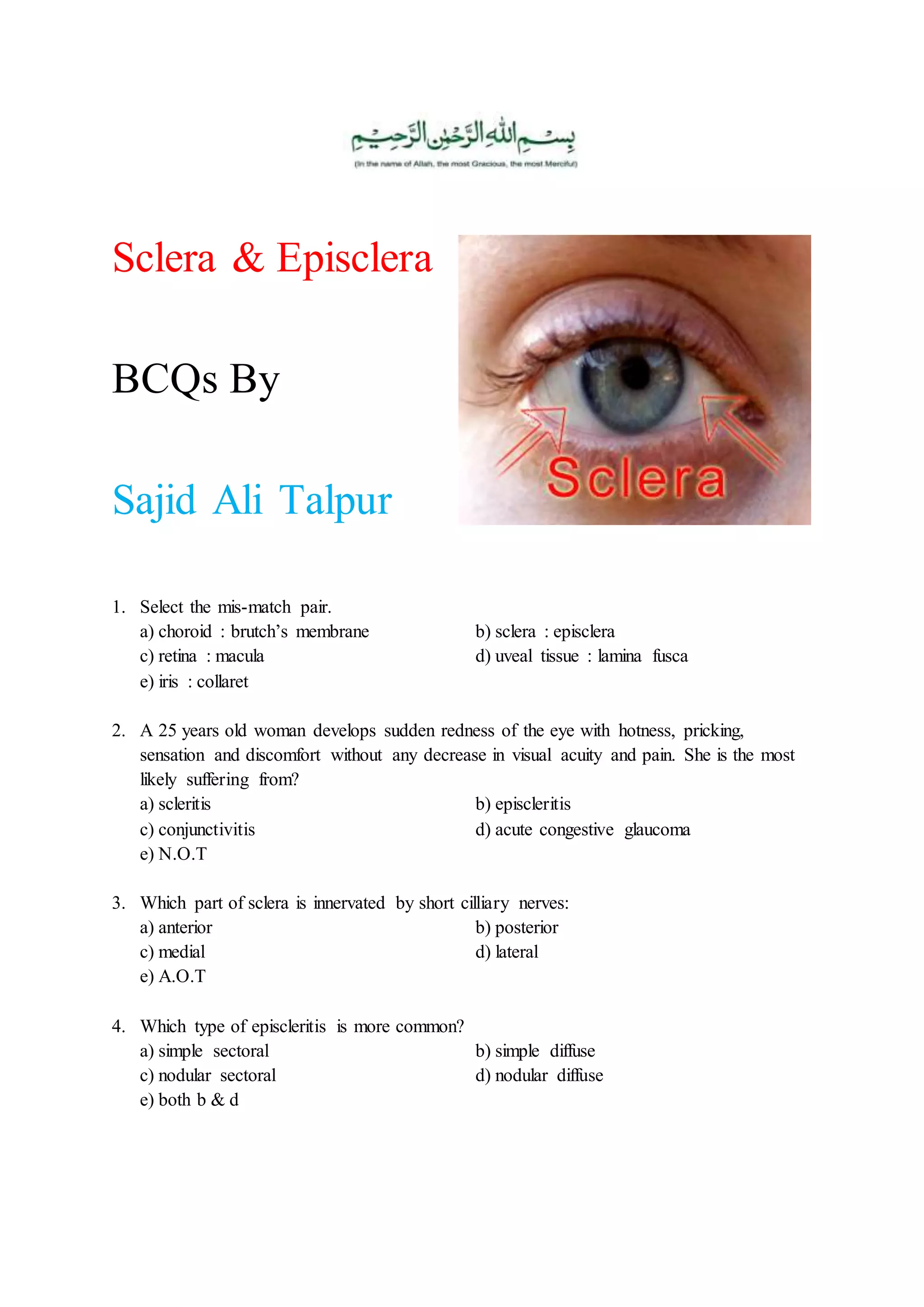 Ophthalamology BCQs (Sclera and Episclera) | PDF