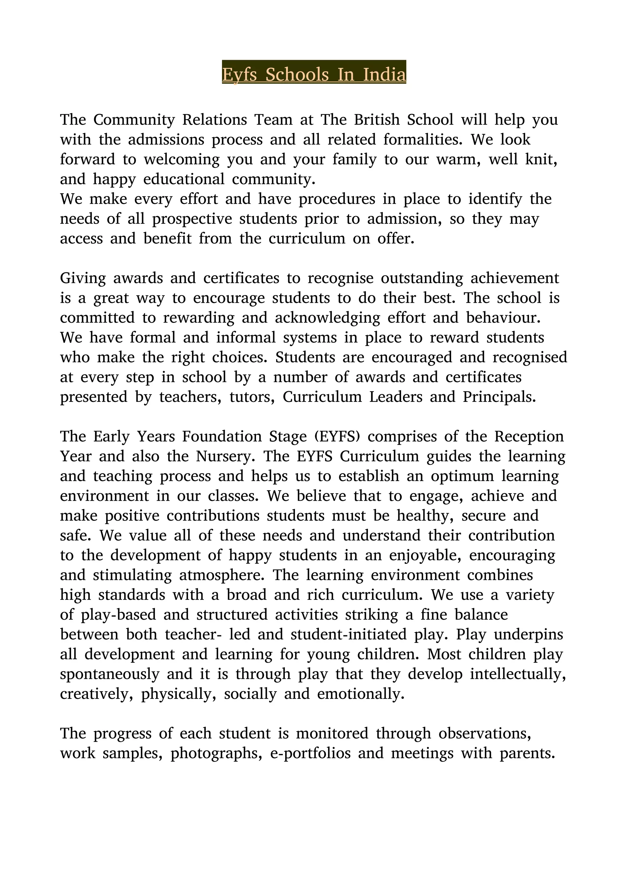 Eyfs schools in india | PDF