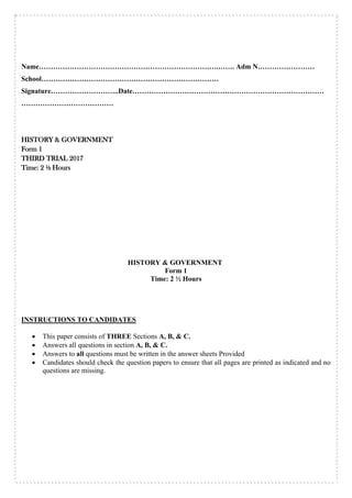 F 1-history-and-government-paper-form-1-mid-term-2-exam-2017 | PDF