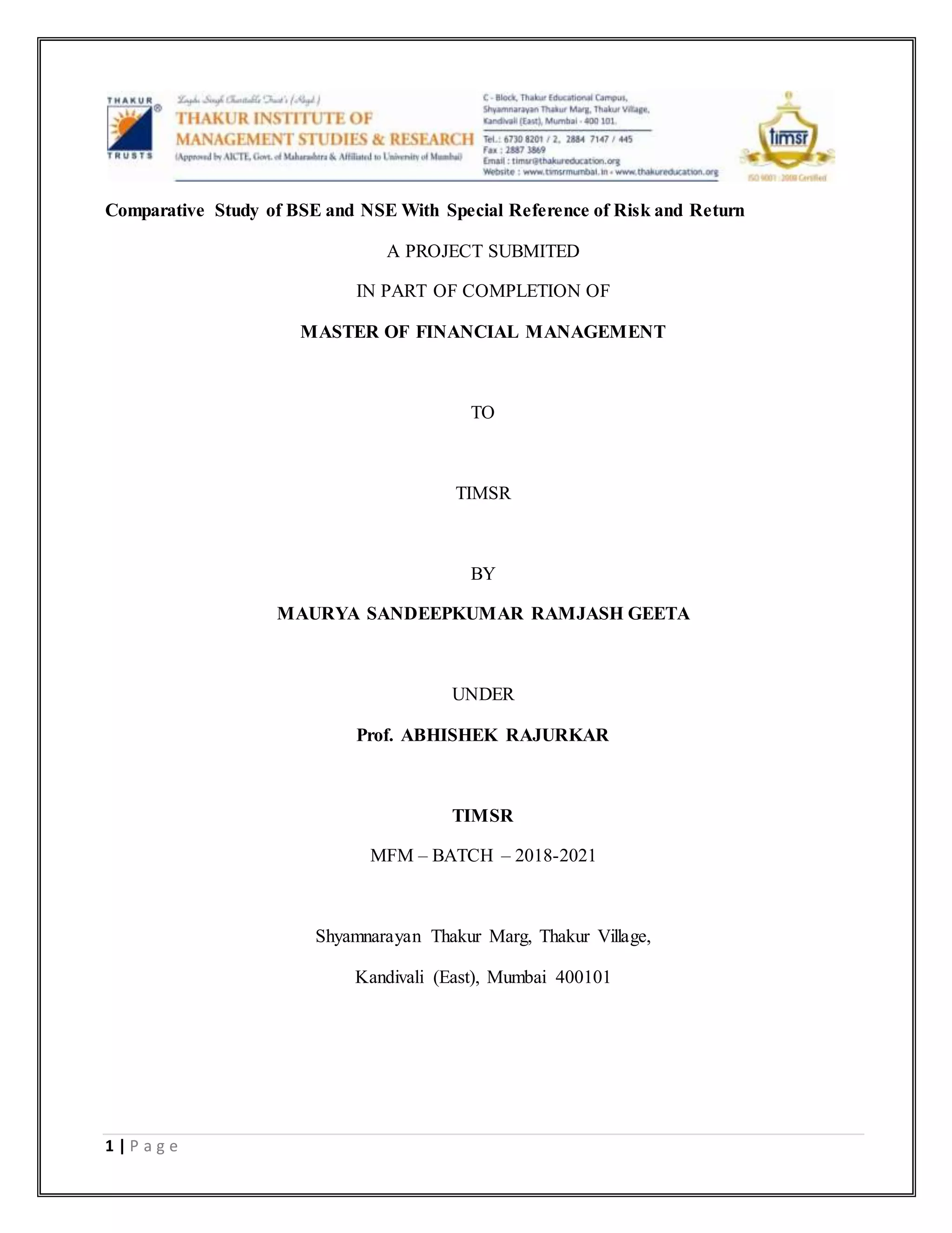 Comparative Study of BSE and NSE With Special Reference of Risk and ...