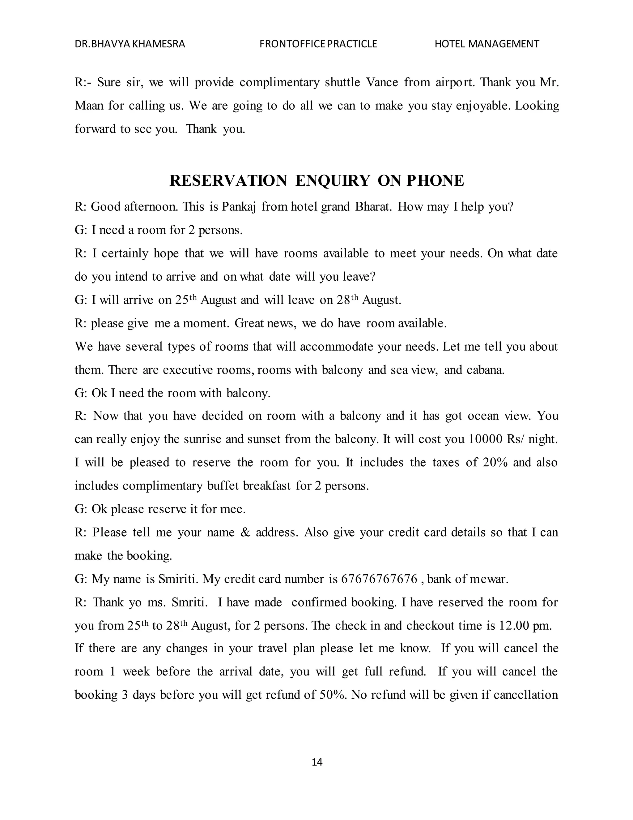 Hotel Front Office Practicals | DOCX