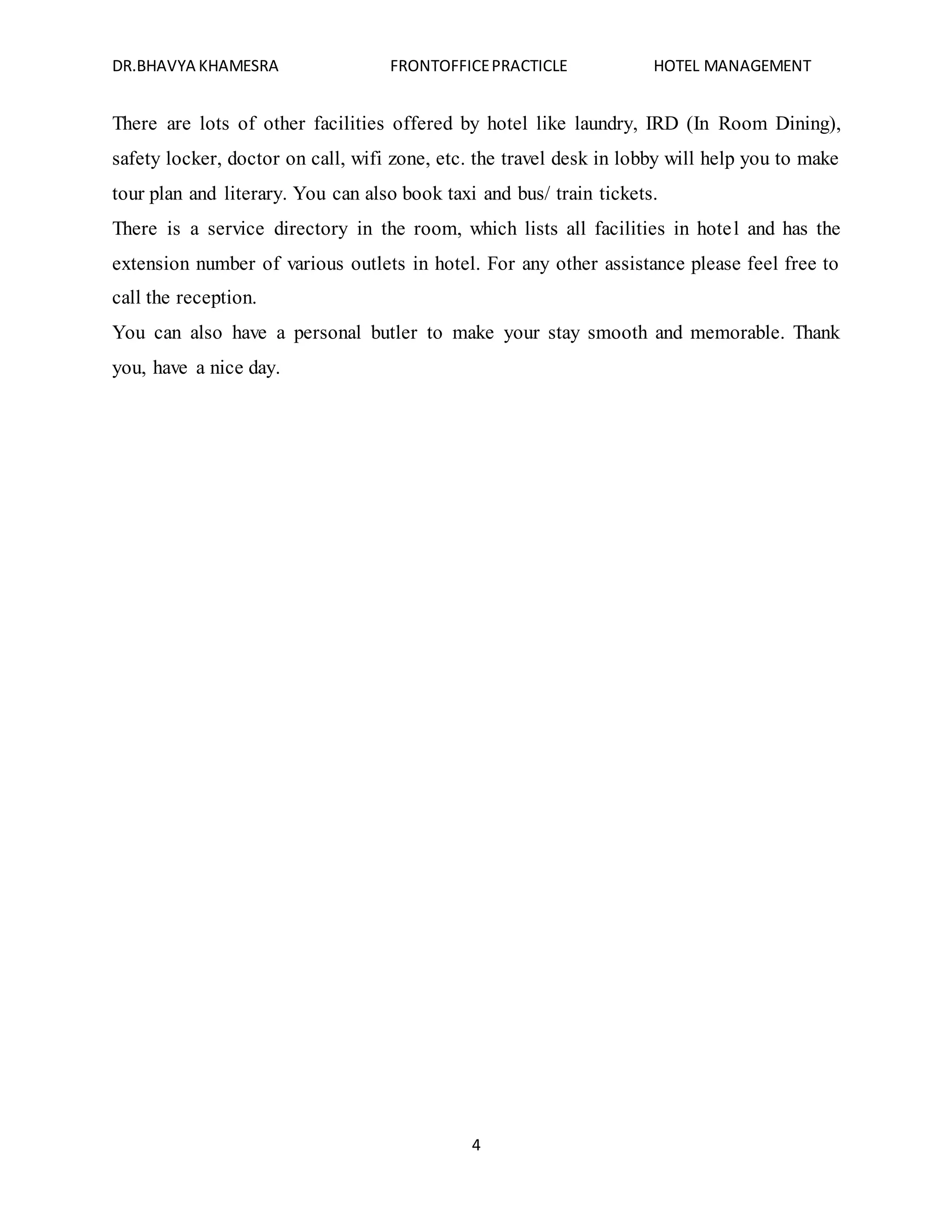 Hotel Front Office Practicals | DOCX