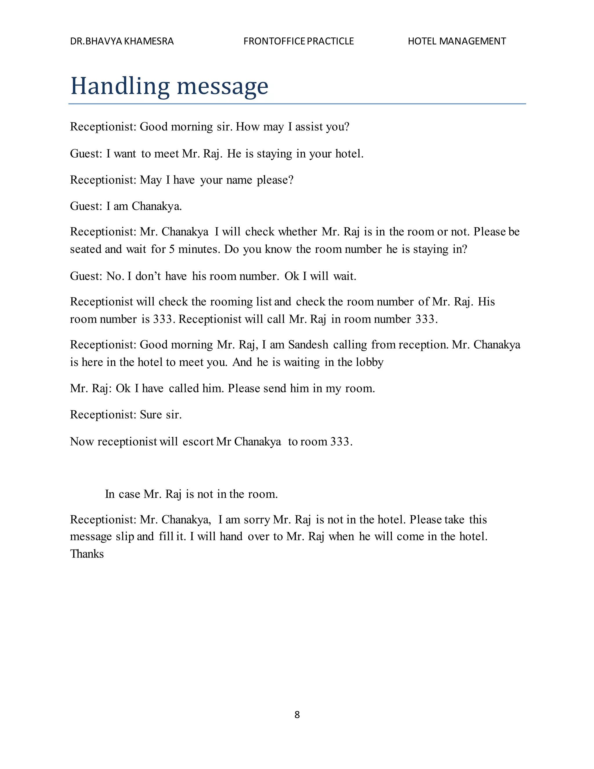 Hotel Front Office Practicals | DOCX