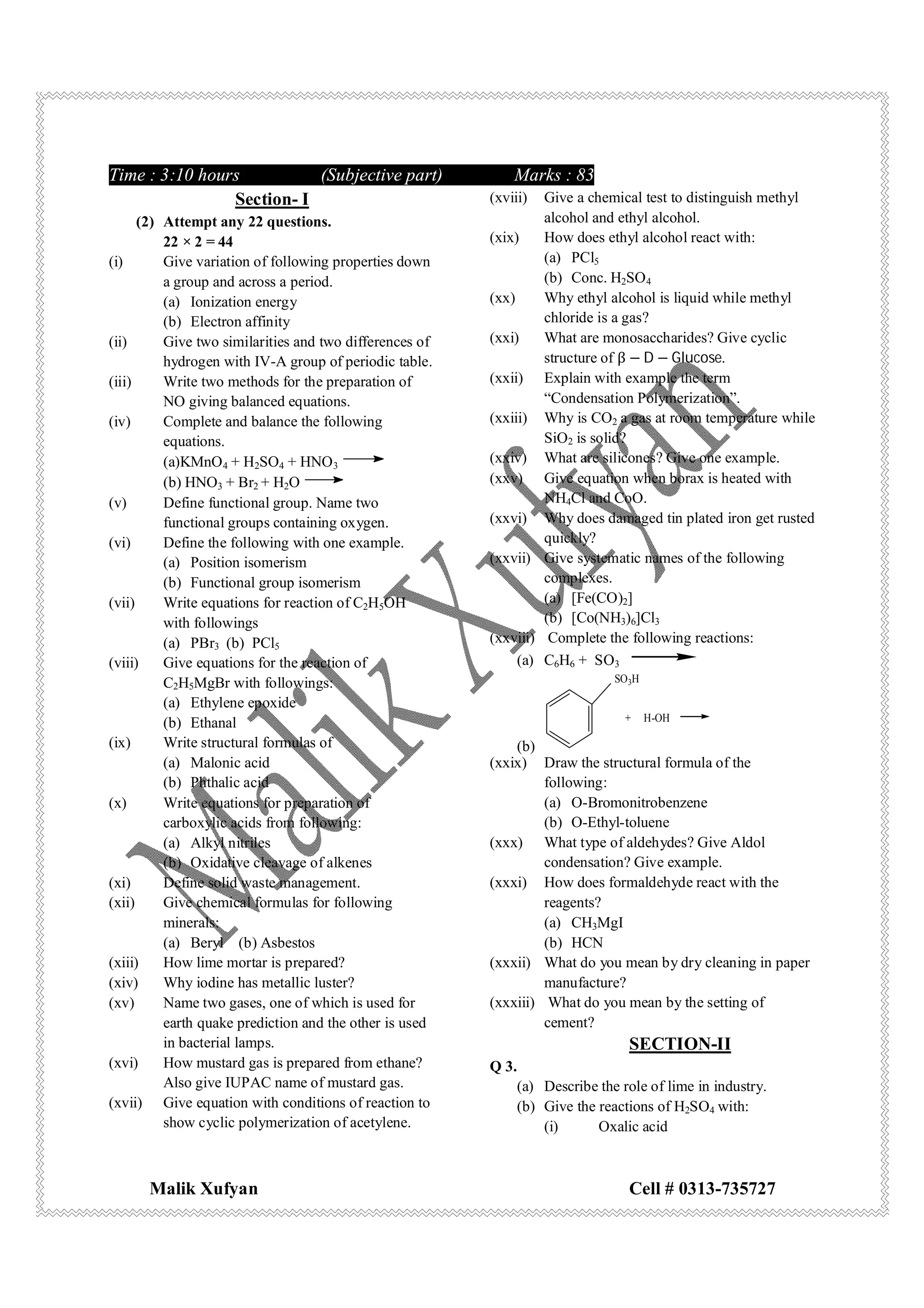 F.Sc. Part 2 Chemistry Paper Rawalpindi Board 2008 (Malik Xufyan) | PDF