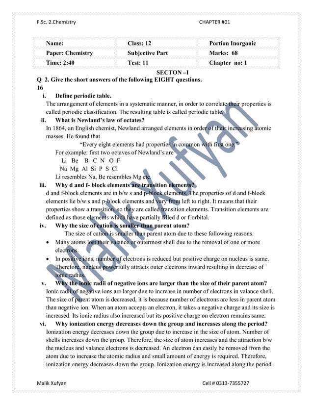 F.sc.2.Chemistry.Ch.01 Solved Test (Malik Xufyan) | PDF F.sc.2.Chemistry.Ch.01 Solved Test (Malik Xufyan) | PDF