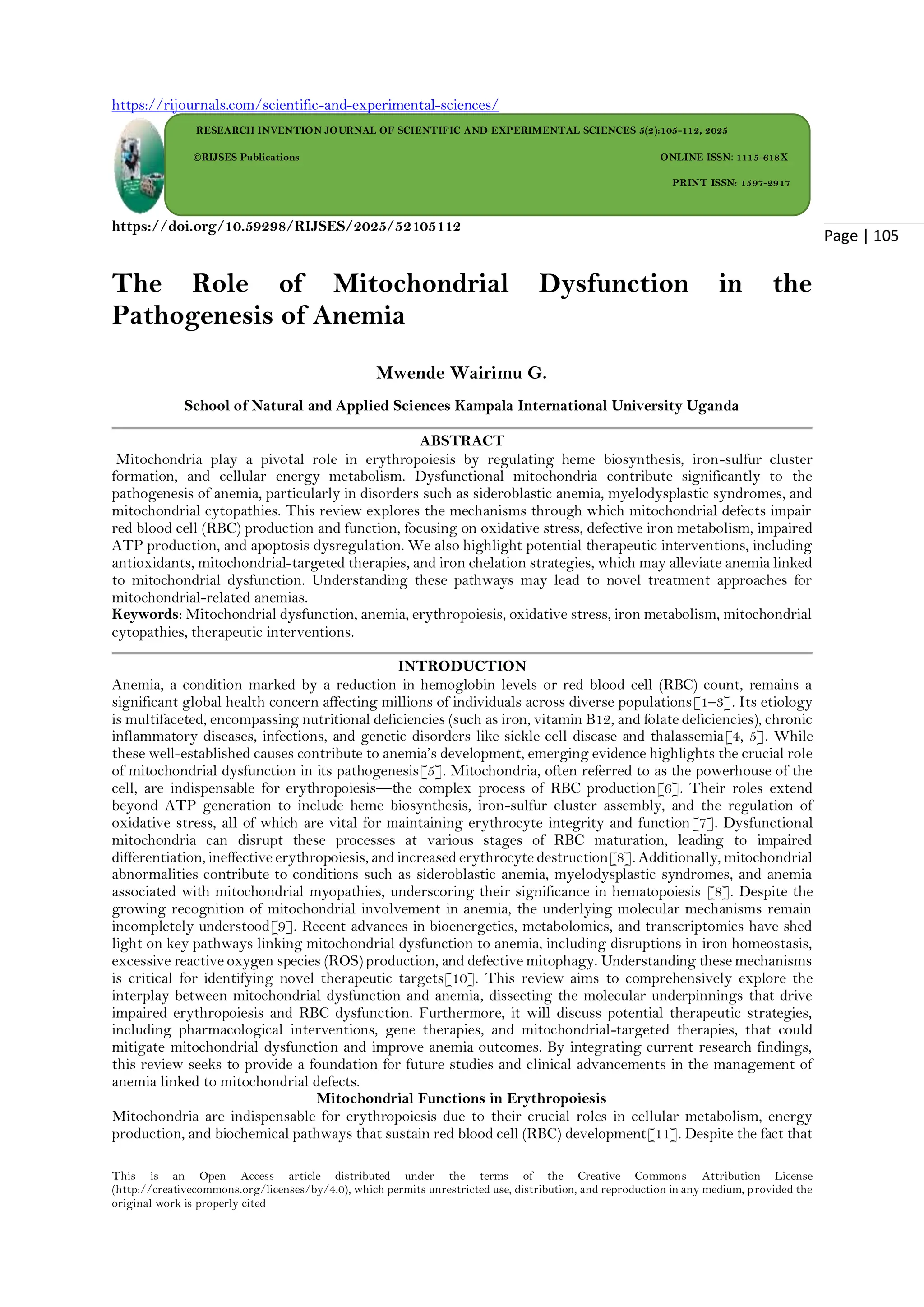 The Role of Mitochondrial Dysfunction in the Pathogenesis of Anemia ...
