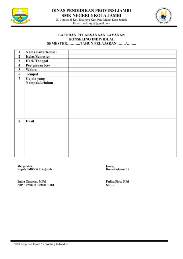Format laporan konseling individual dan kelompok | DOCX