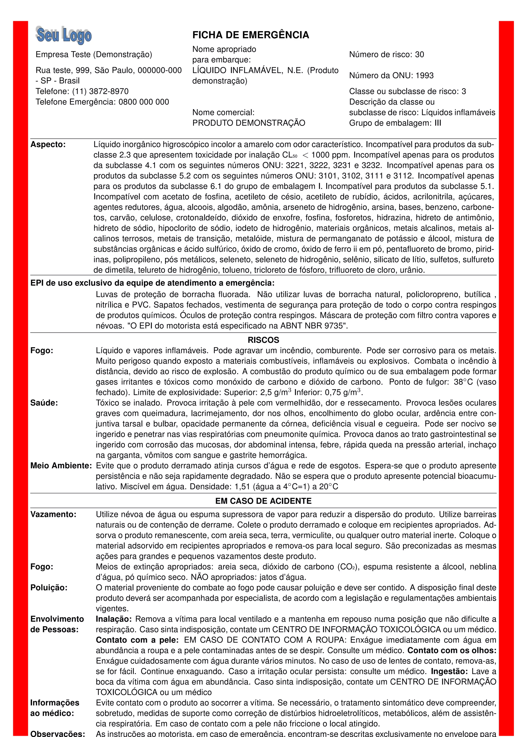 FICHA DE EMERGÊNCIA (Documento gerado pelo SafetyChem) | PDF