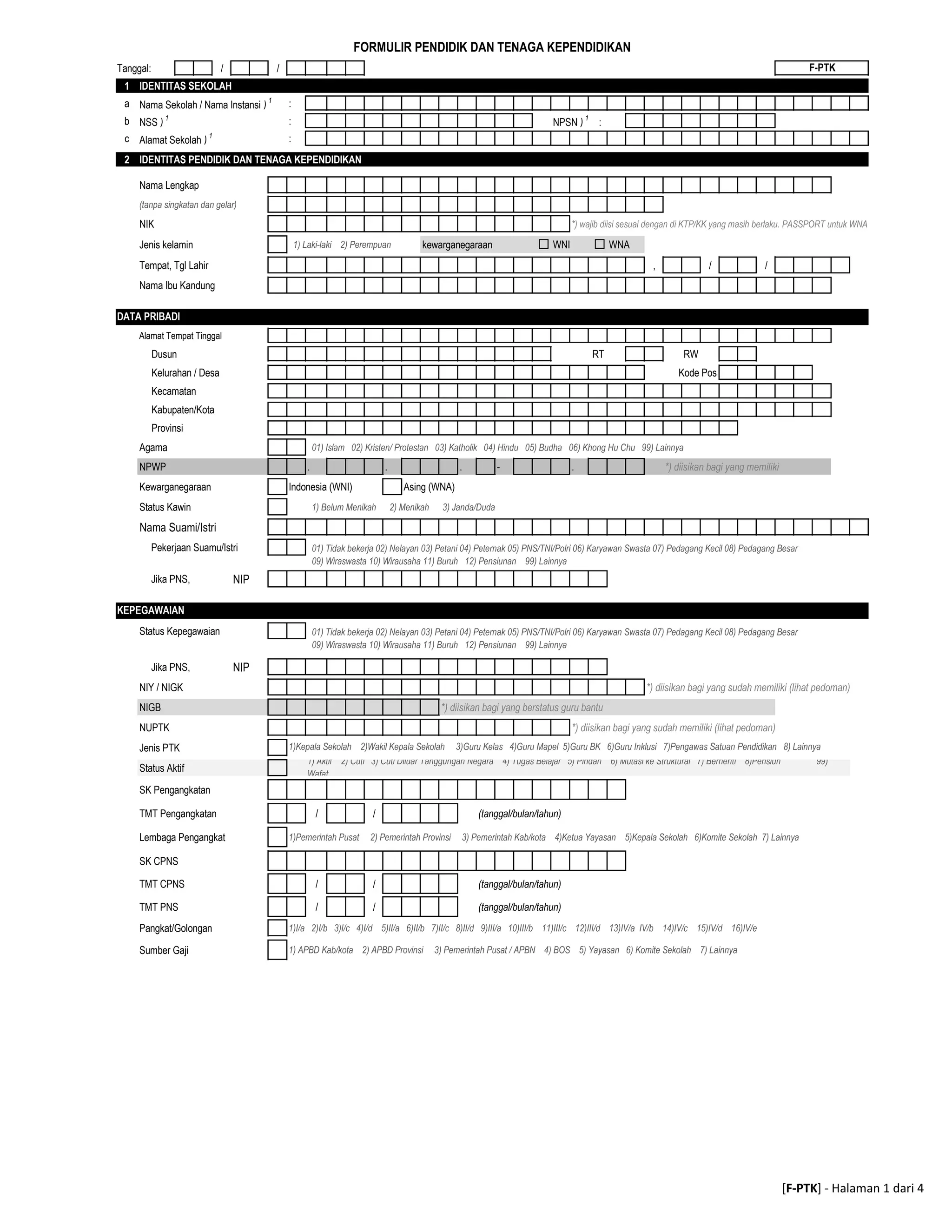 Form Pendidik dan Tenaga Kependidikan | PDF