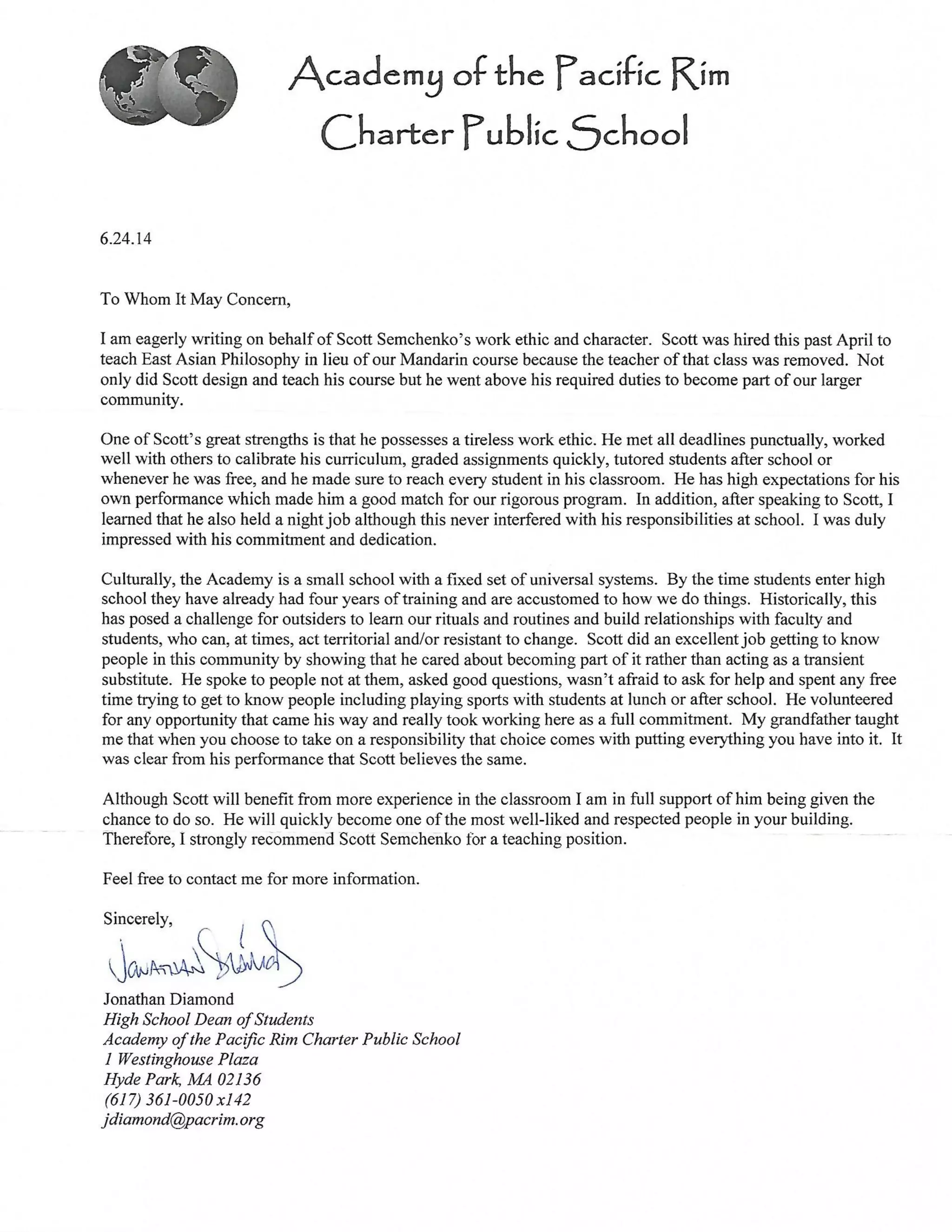 Jonathan Diamond Reference Letter | PDF
