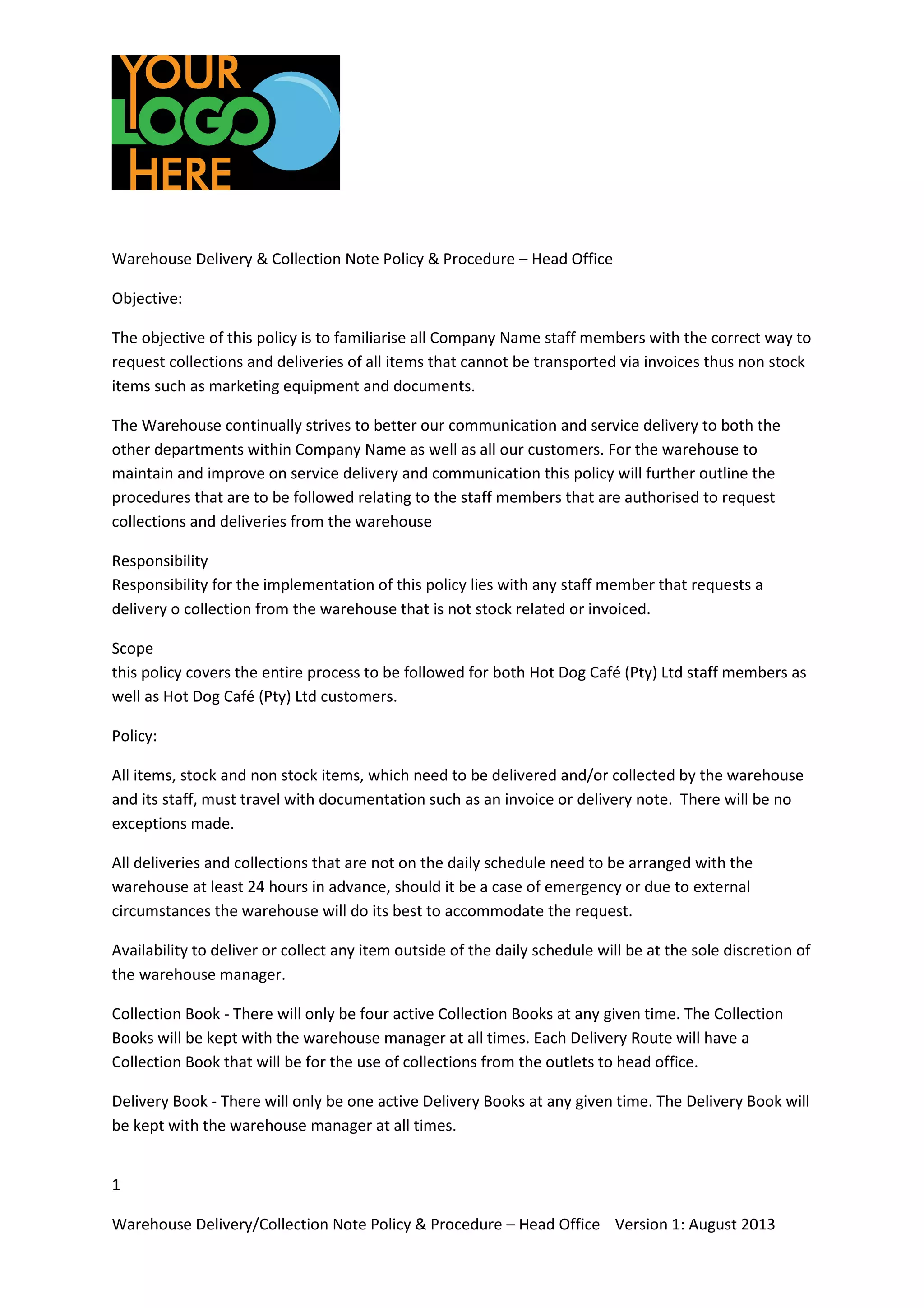 Internal Collection & Delivery Policy and Procedure | PDF