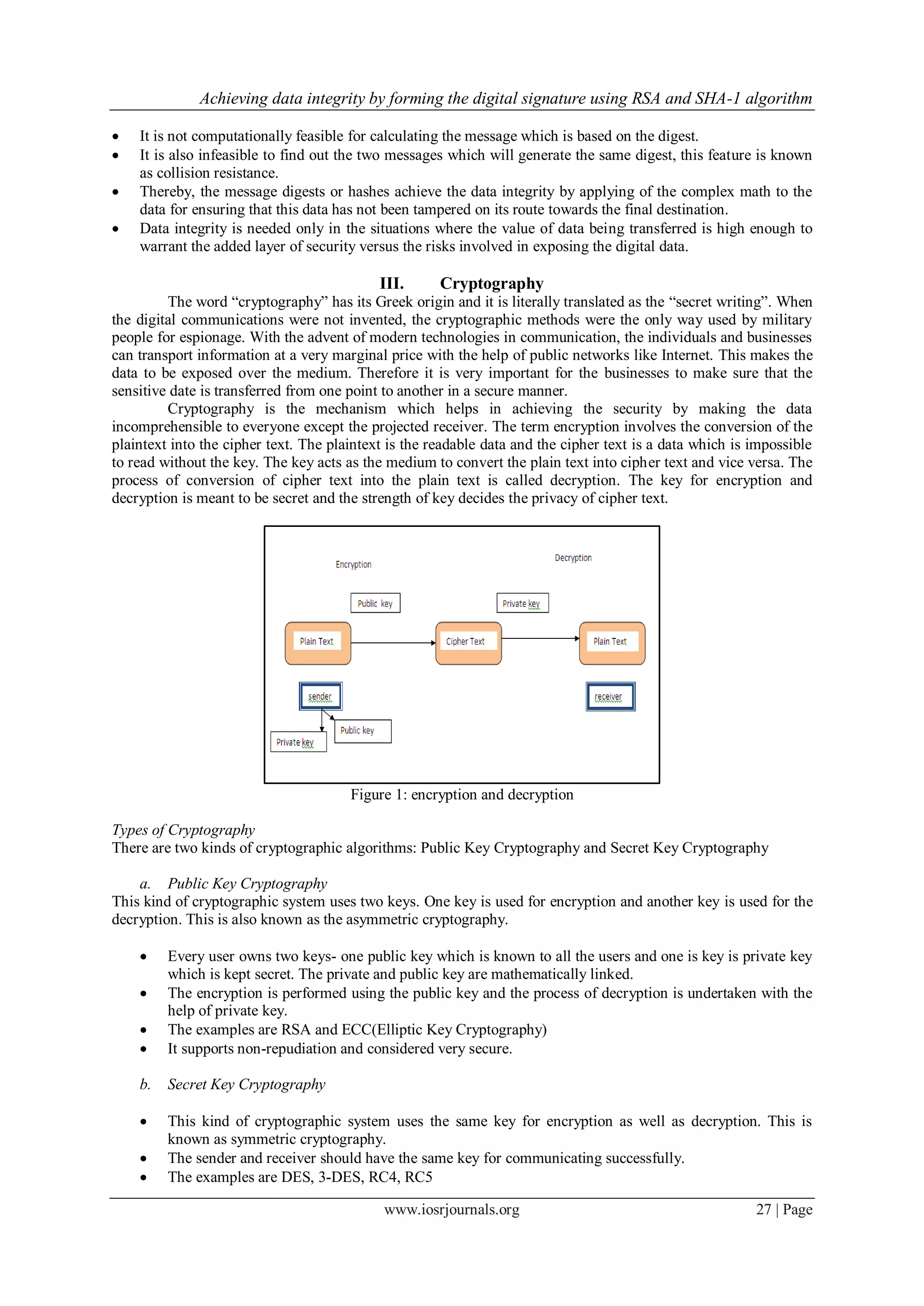 Achieving data integrity by forming the digital signature using RSA and SHA-1 algorithm | PDF