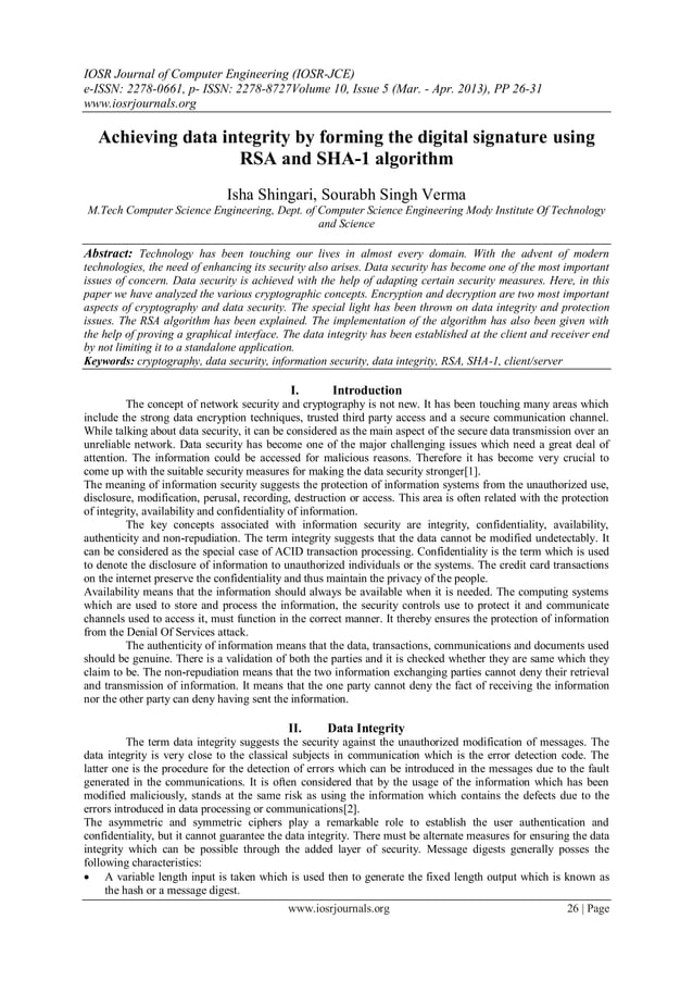 Achieving data integrity by forming the digital signature using RSA and SHA-1 algorithm | PDF