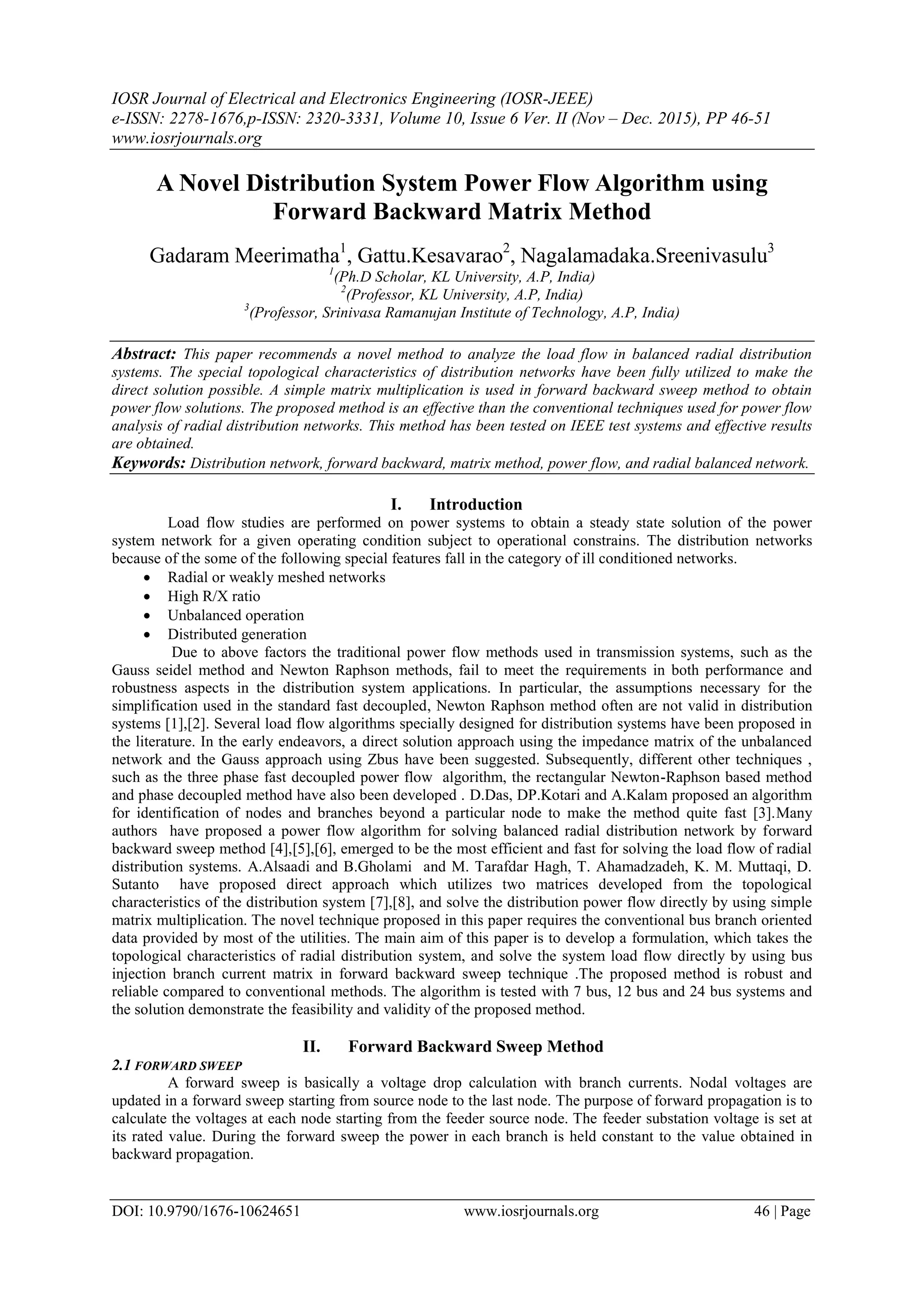 A Novel Distribution System Power Flow Algorithm Using Forward Backward