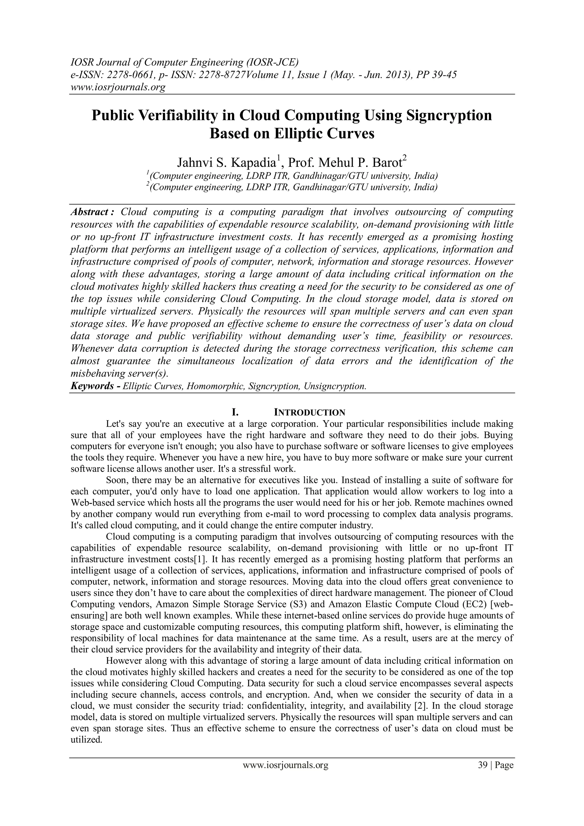 Public Verifiability in Cloud Computing Using Signcryption Based on Elliptic Curves | PDF