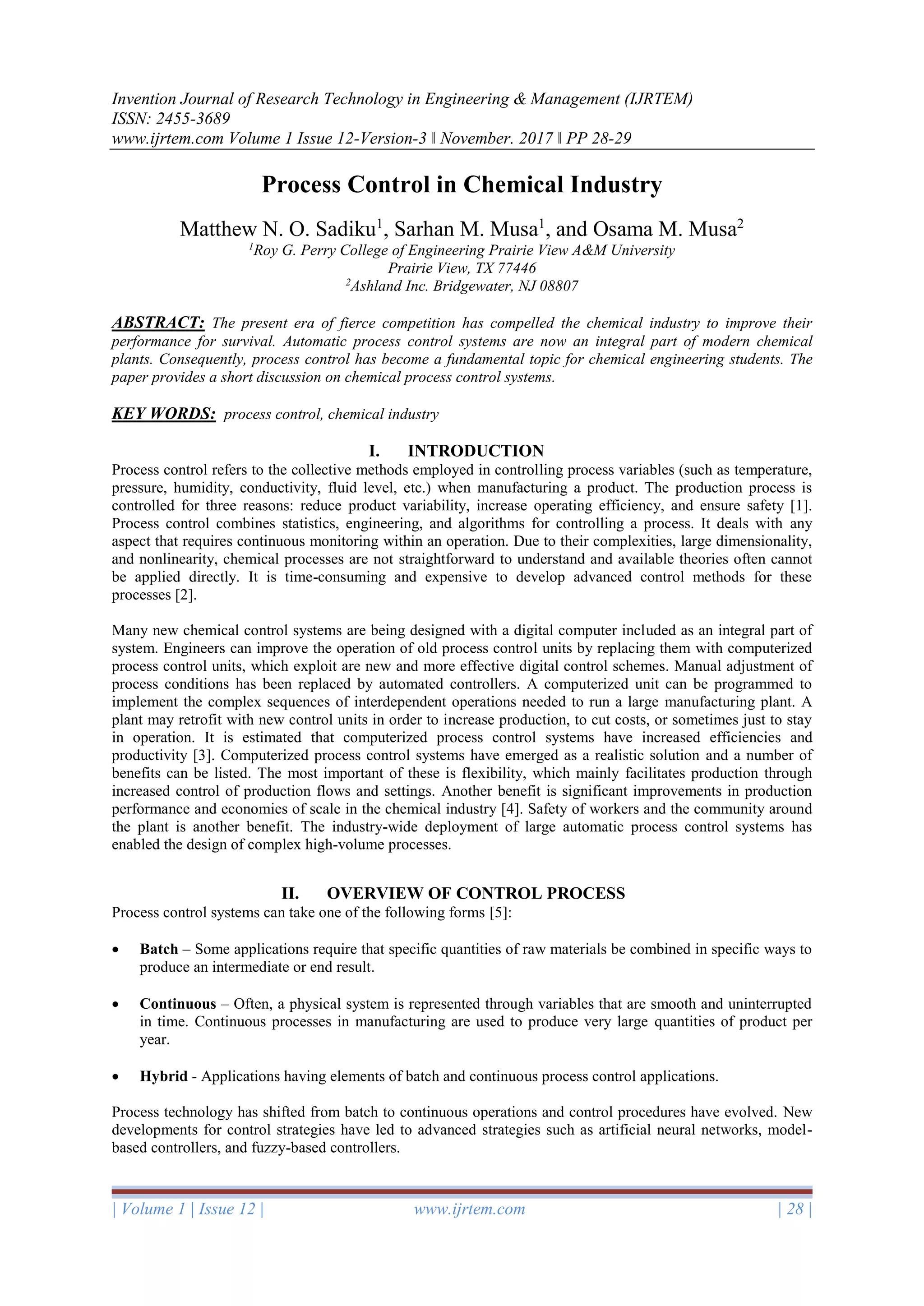 Process Control in Chemical Industry | PDF