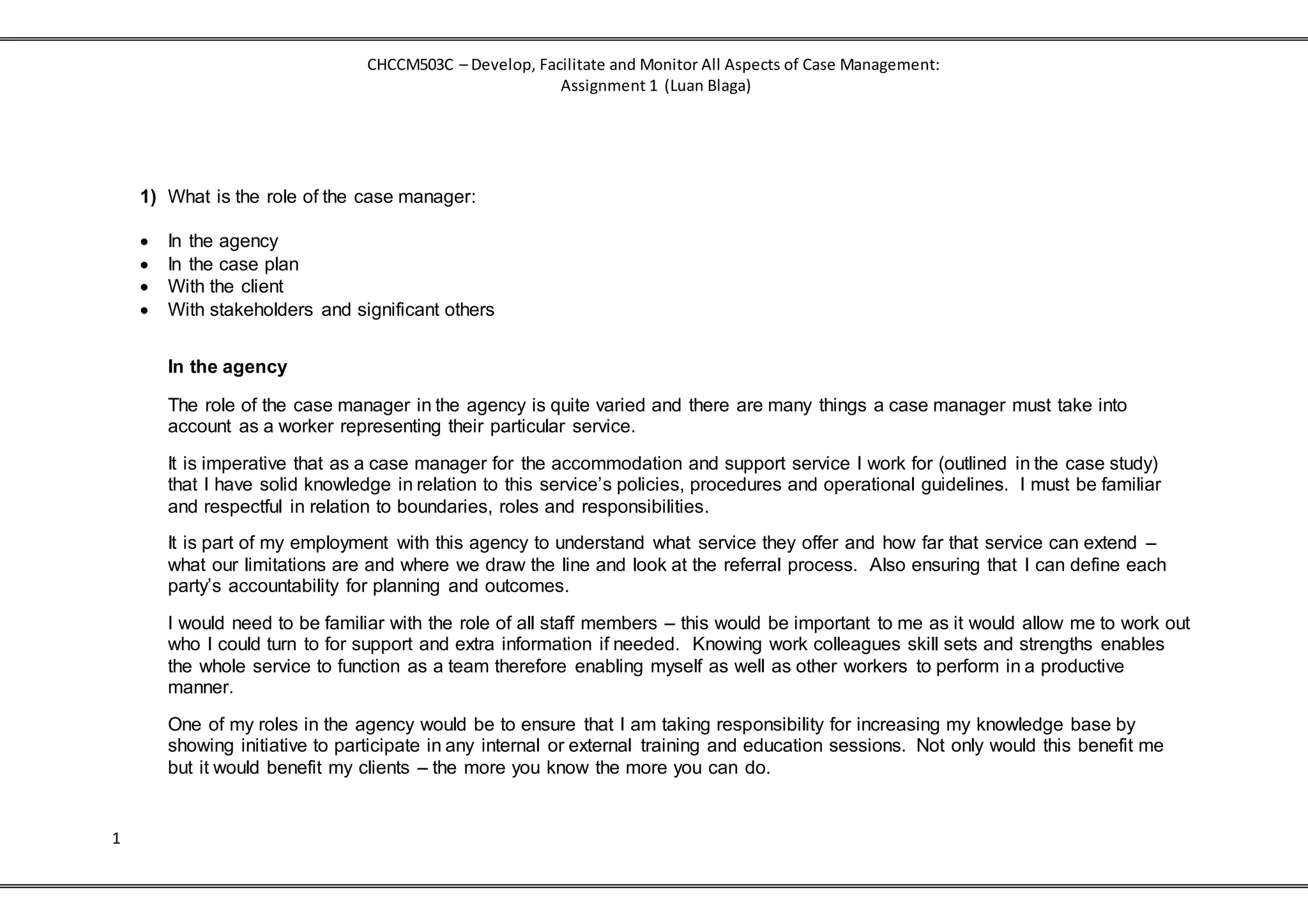 Case Management Assignment containing Case Plan | DOCX