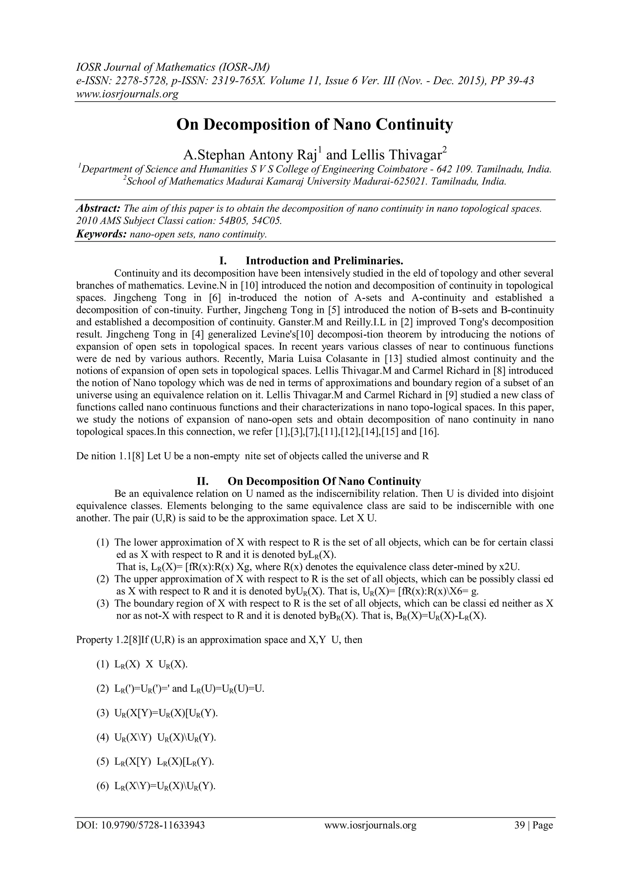 On Decomposition of Nano Continuity | PDF