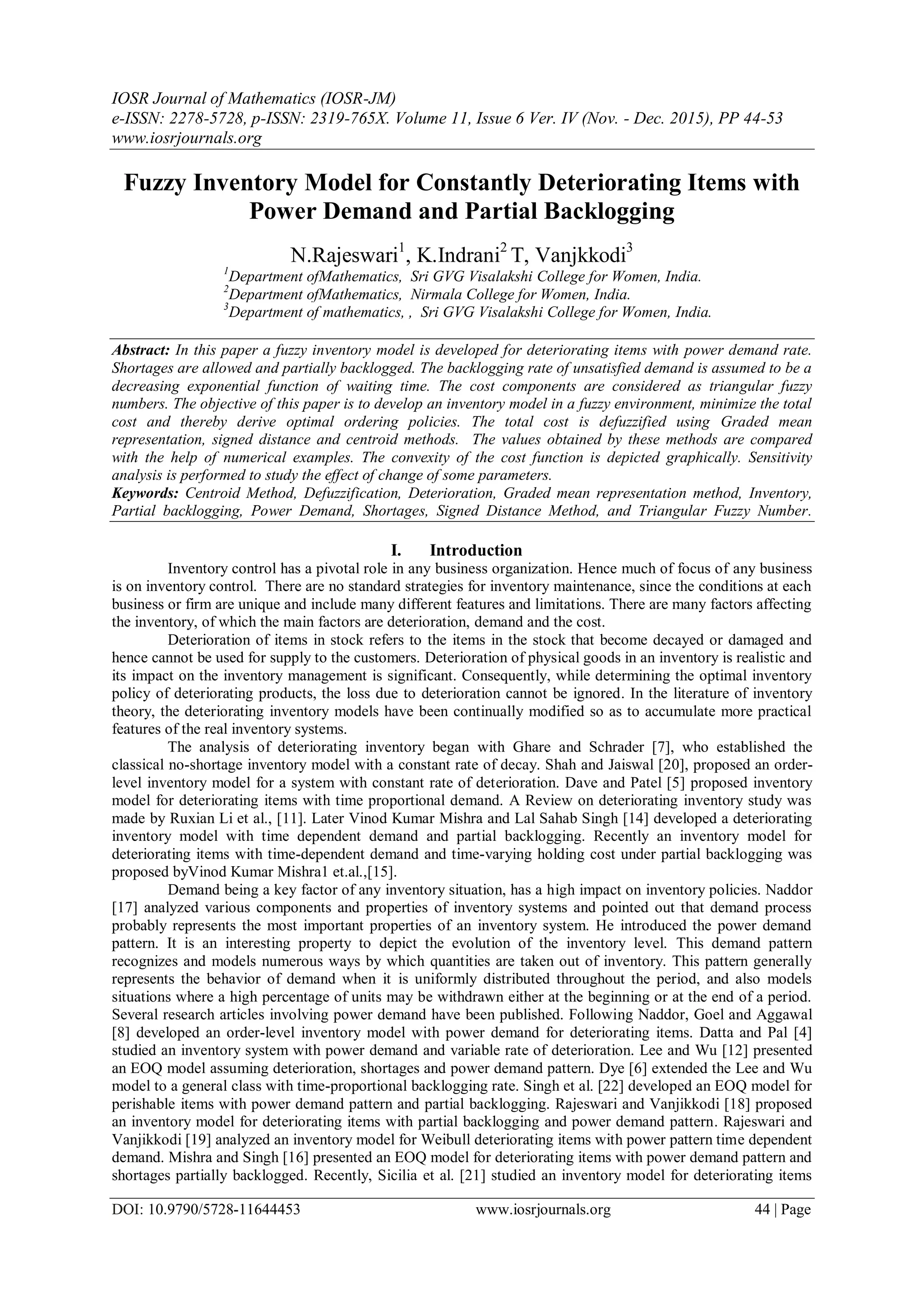 Fuzzy Inventory Model for Constantly Deteriorating Items with Power Demand and Partial ...