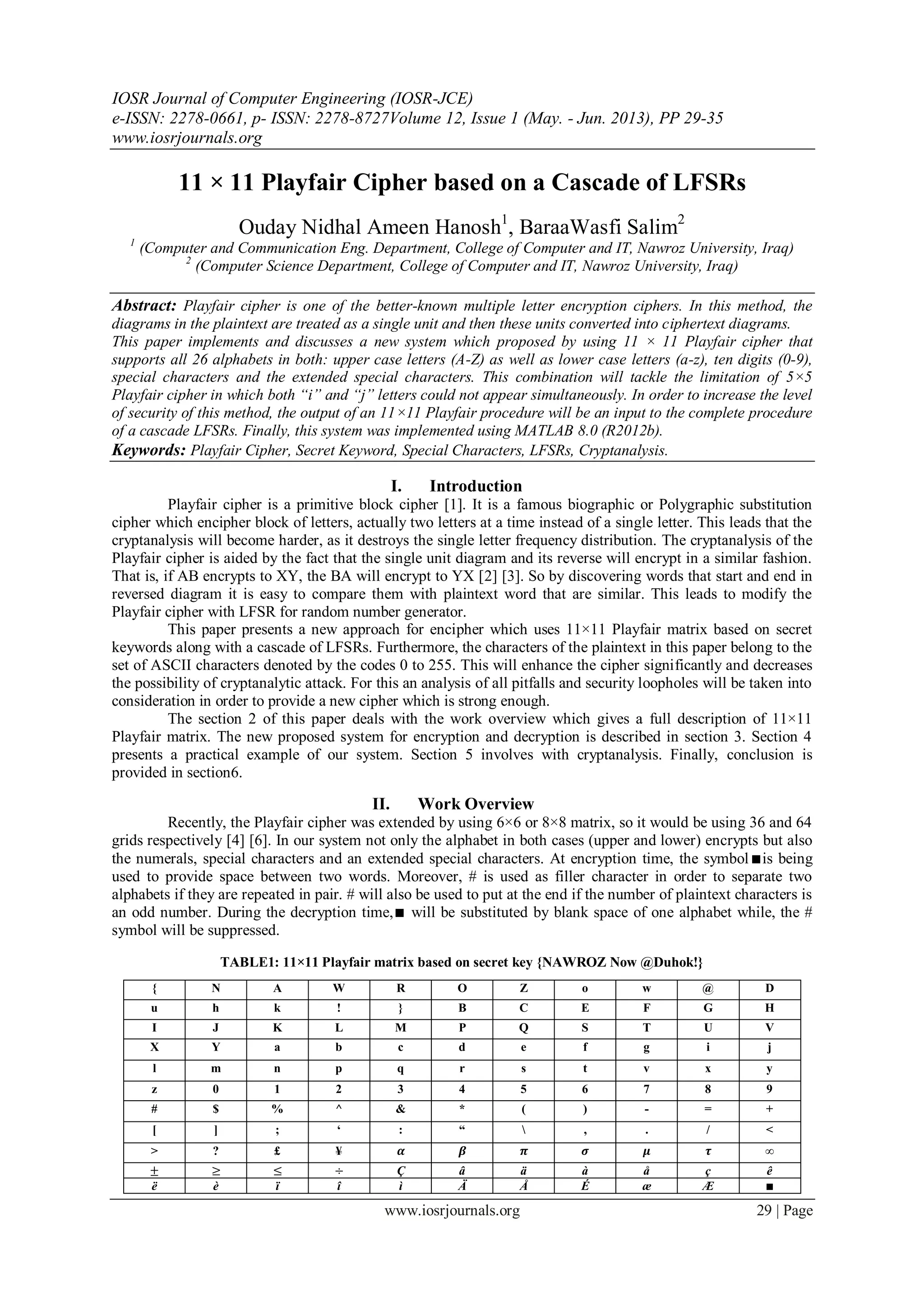 11 × 11 Playfair Cipher based on a Cascade of LFSRs | PDF