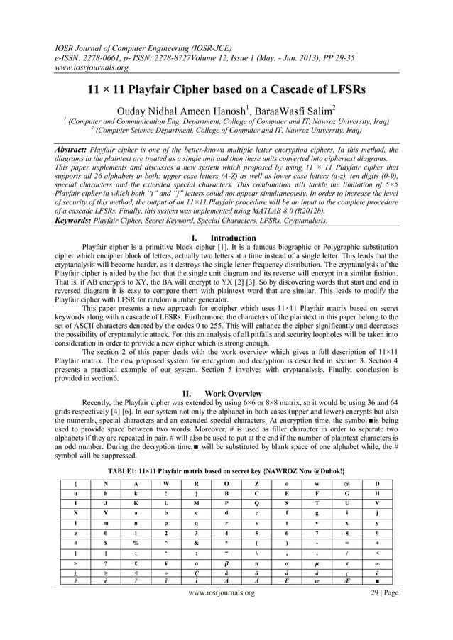 11 × 11 Playfair Cipher based on a Cascade of LFSRs | PDF
