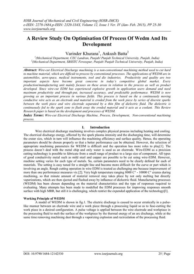 A Review Study On Optimisation Of Process Of Wedm And Its Development | PDF