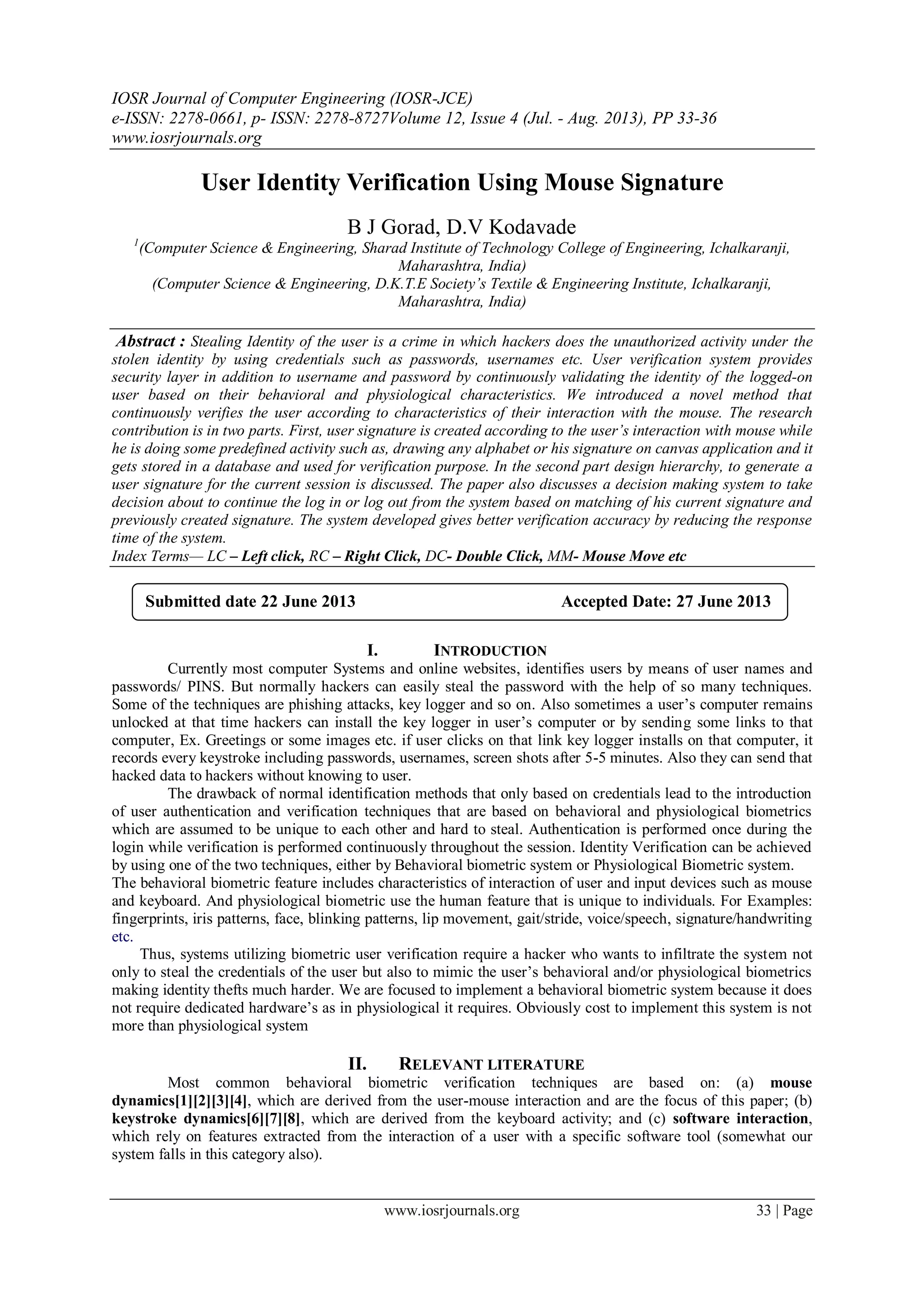 User Identity Verification Using Mouse Signature | PDF