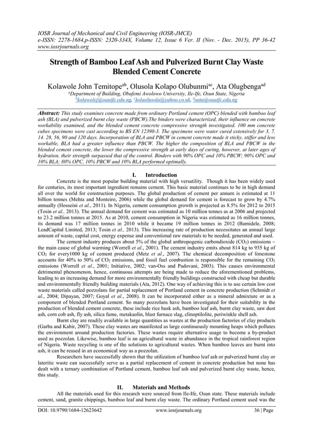 Strength of Bamboo Leaf Ash and Pulverized Burnt Clay Waste Blended ...