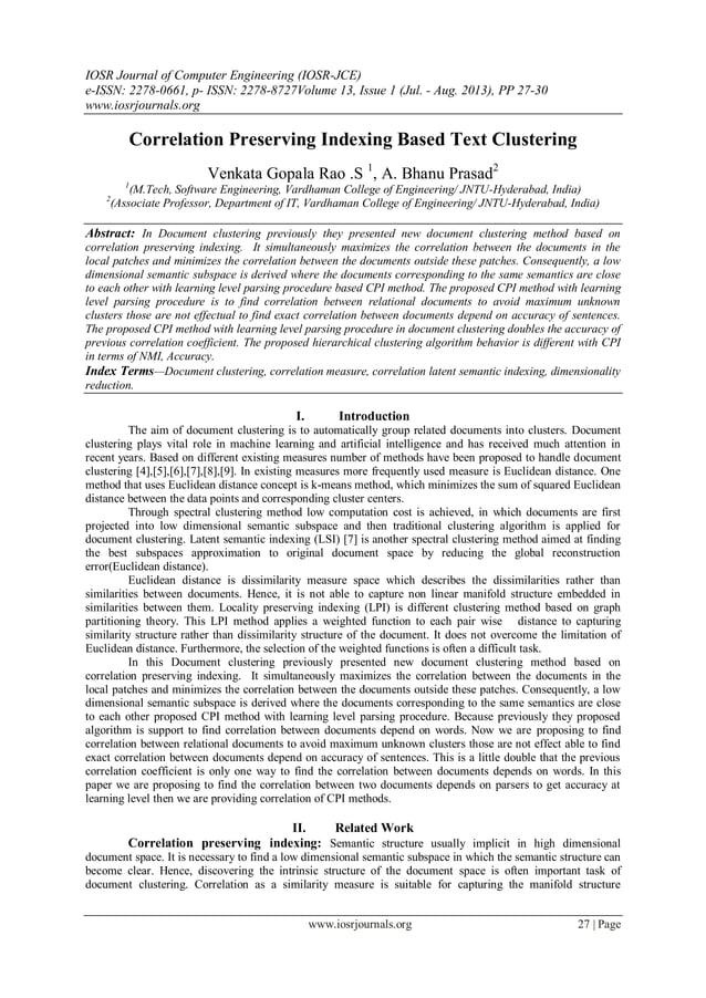 Correlation Preserving Indexing Based Text Clustering | PDF