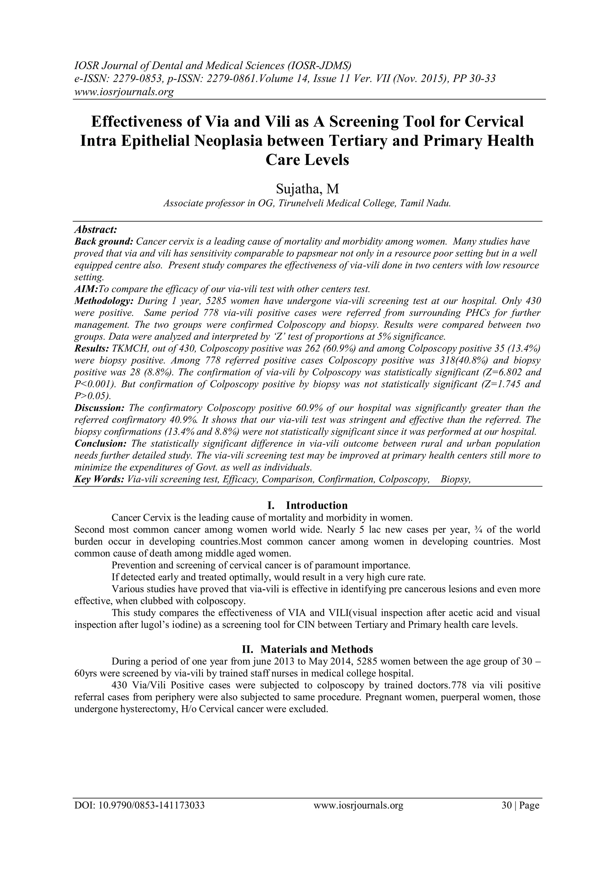 Effectiveness of Via and Vili as A Screening Tool for Cervical Intra ...