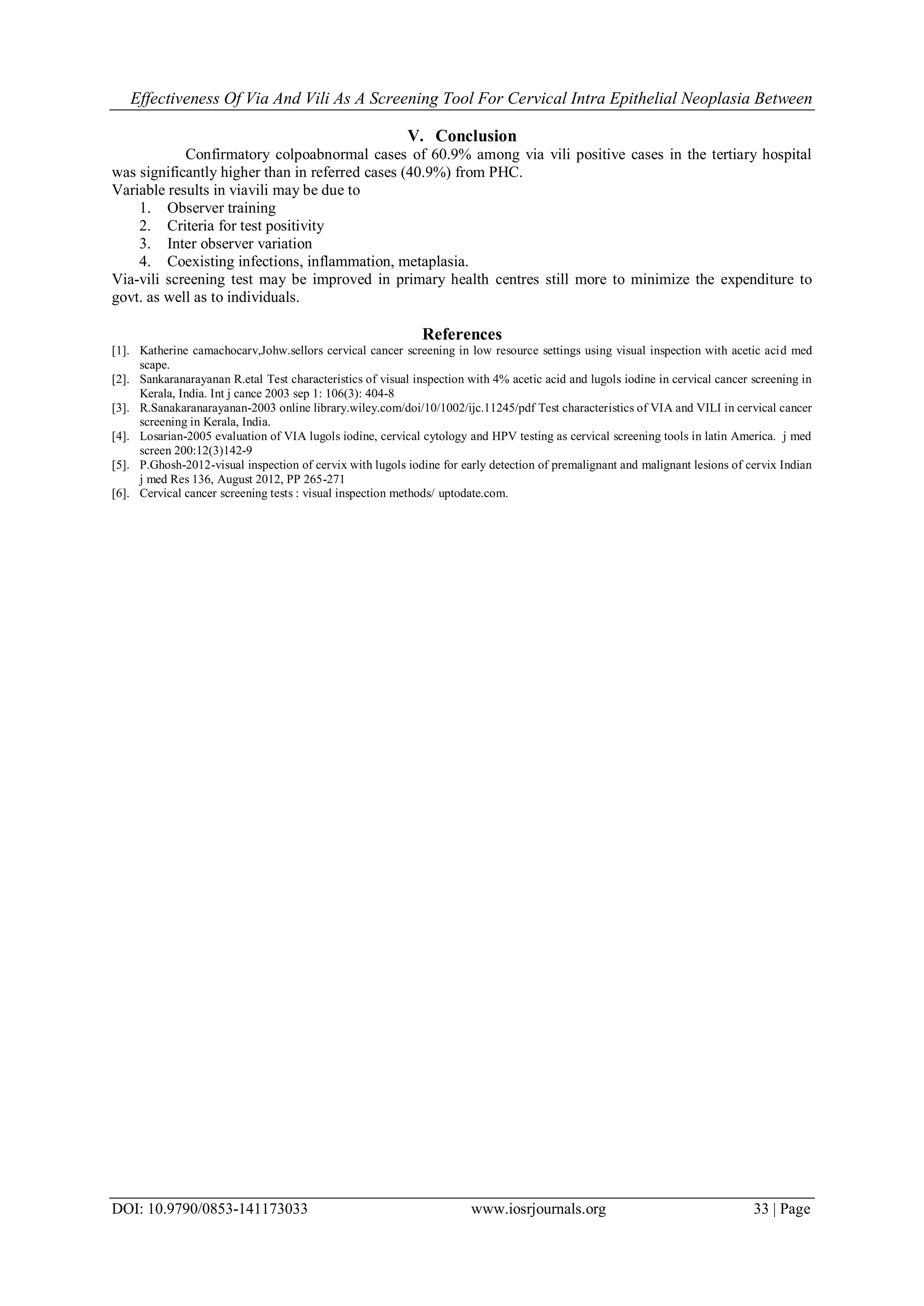 Effectiveness of Via and Vili as A Screening Tool for Cervical Intra ...