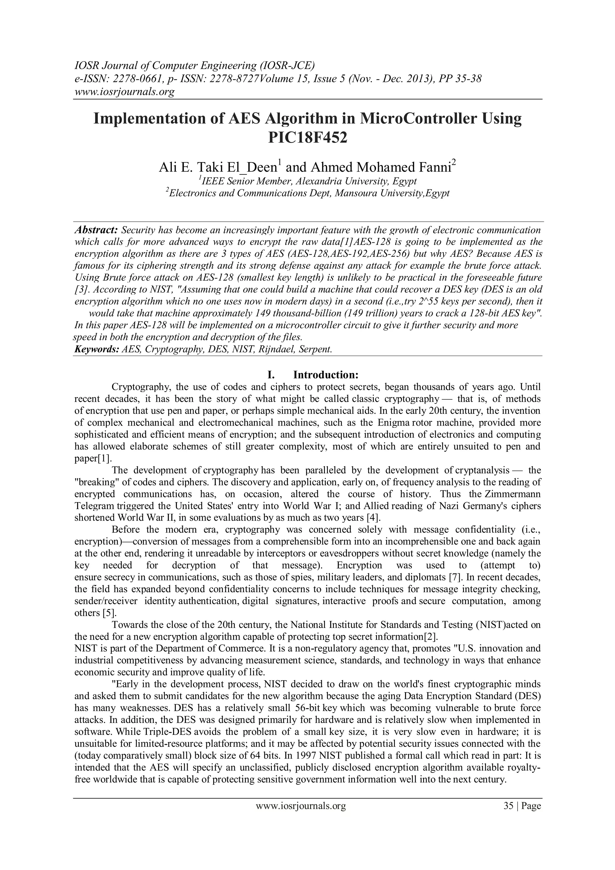 Implementation of AES Algorithm in MicroController Using PIC18F452 | PDF