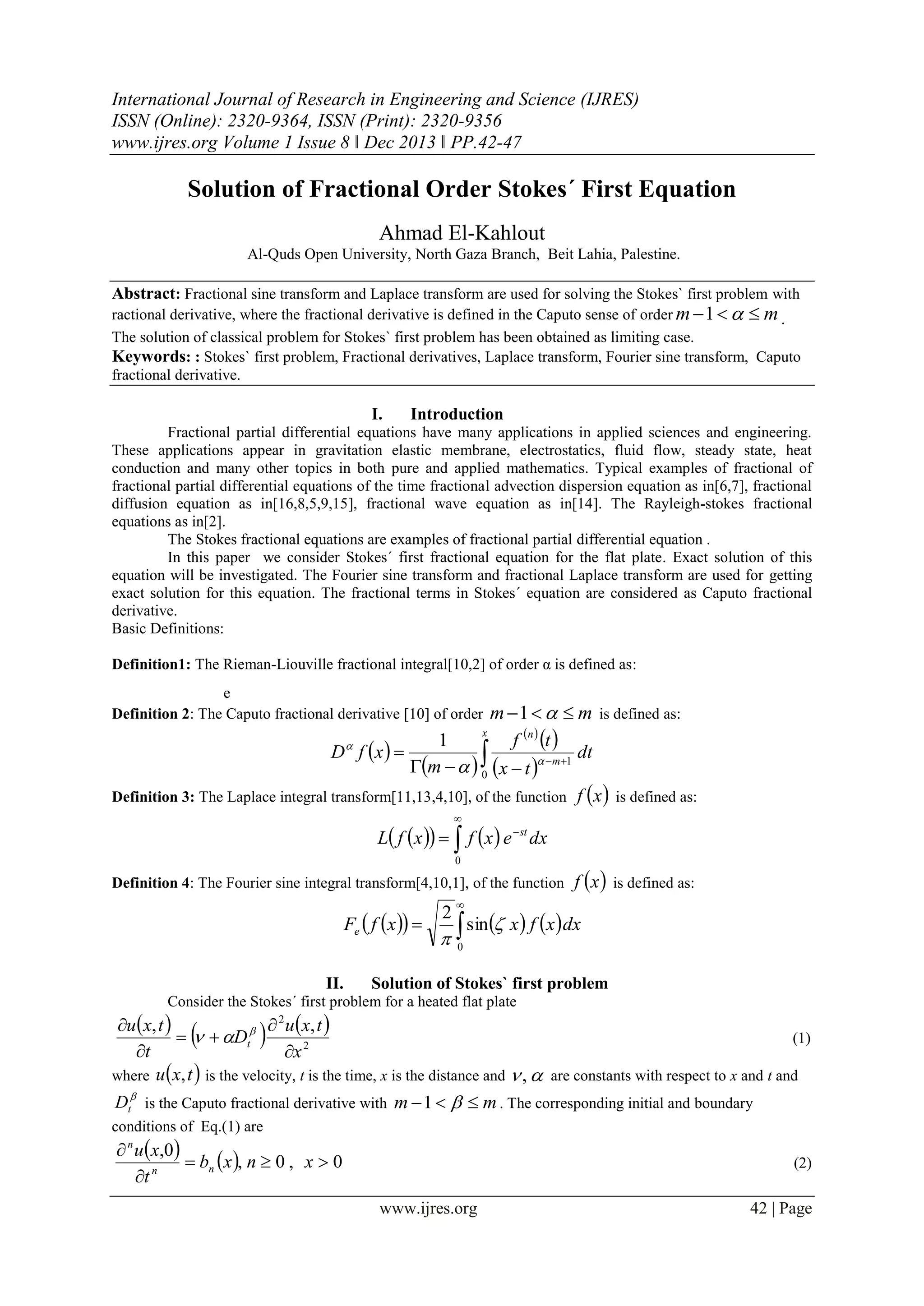 Solution of Fractional Order Stokes´ First Equation | PDF