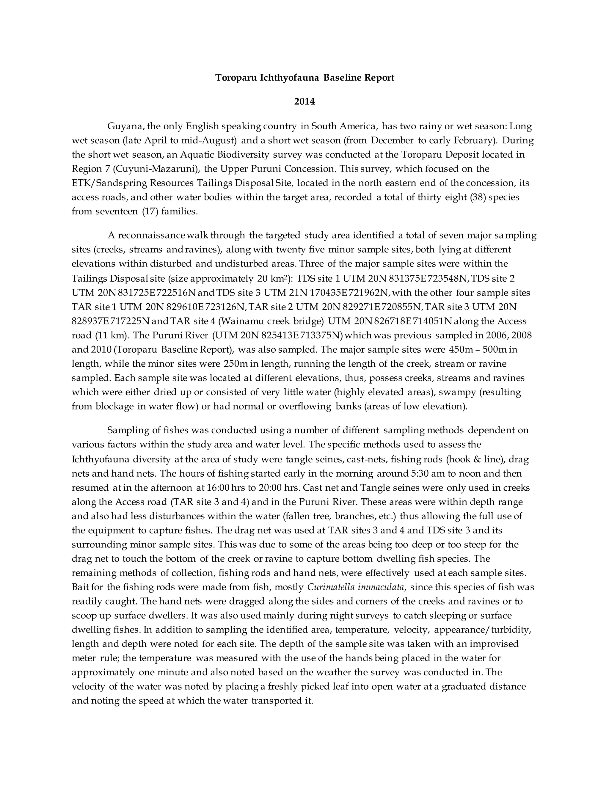 Toroparu Fish Survey | DOCX