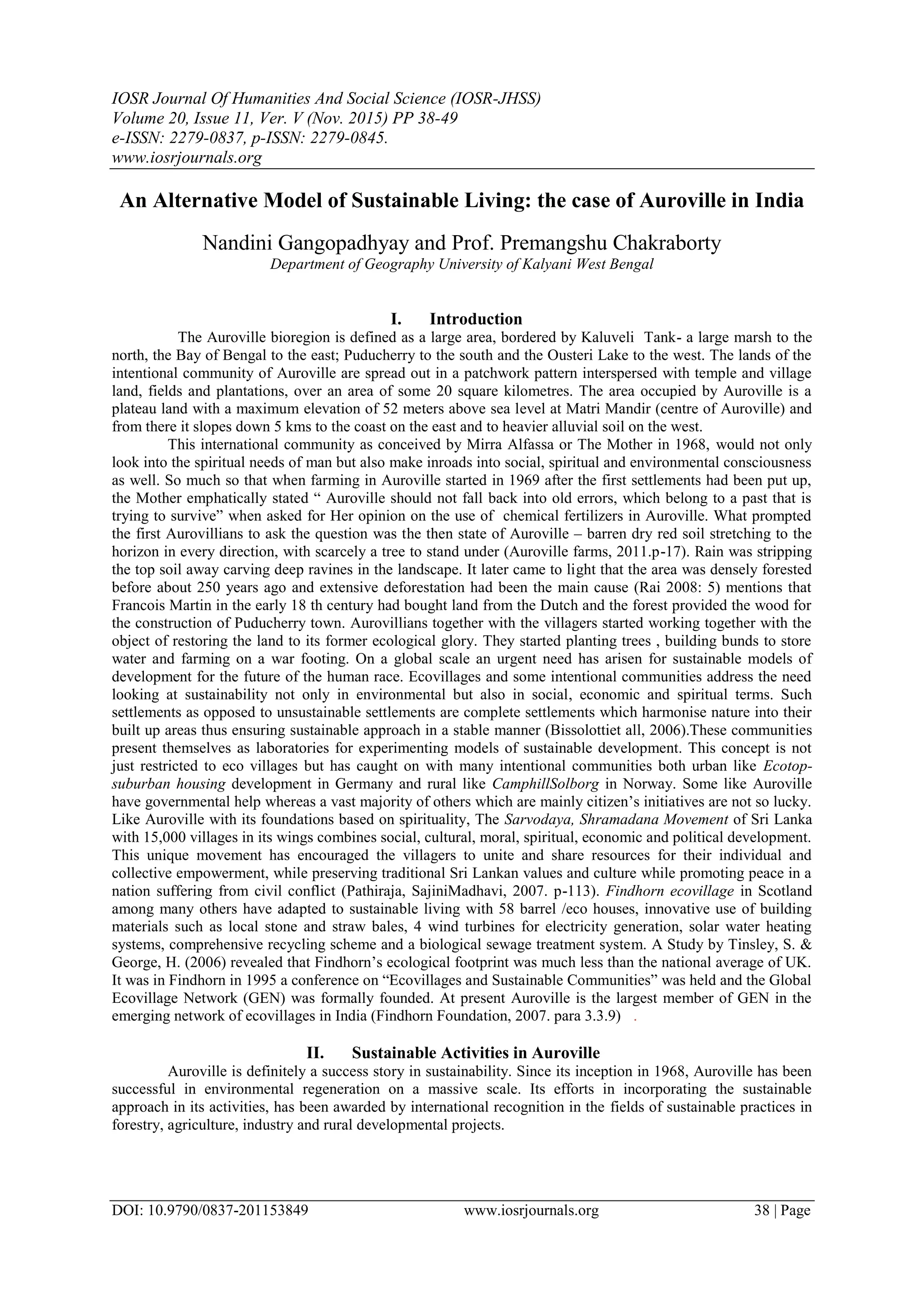 An Alternative Model of Sustainable Living: the case of Auroville in India | PDF