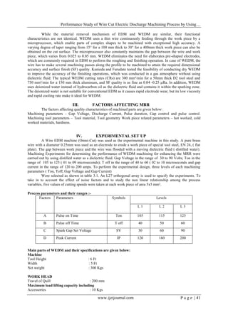 Performance Study of Wire Cut Electric Discharge Machining Process by Using Taguchi's Parameter ...
