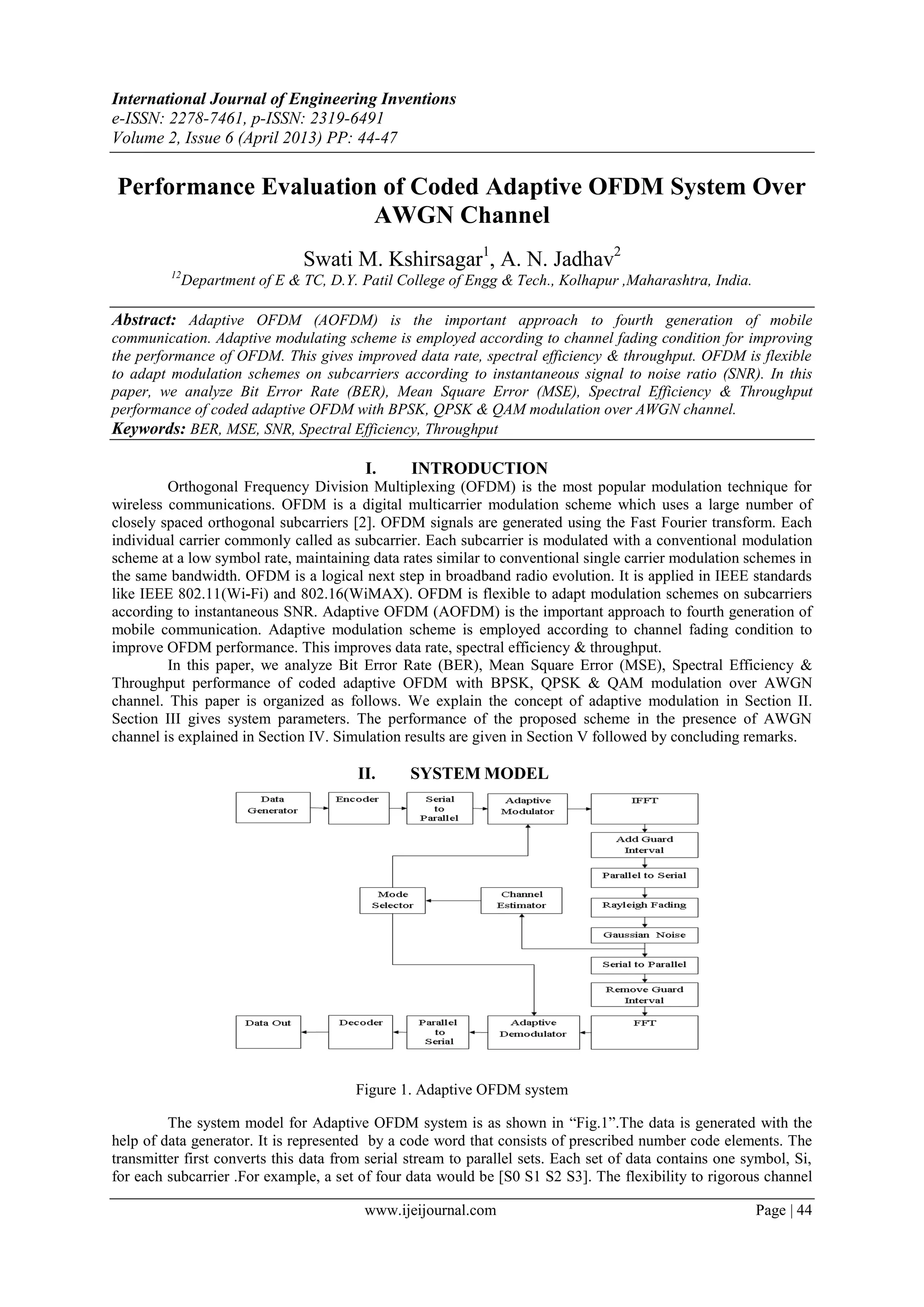 Performance Evaluation of Coded Adaptive OFDM System Over AWGN Channel | PDF