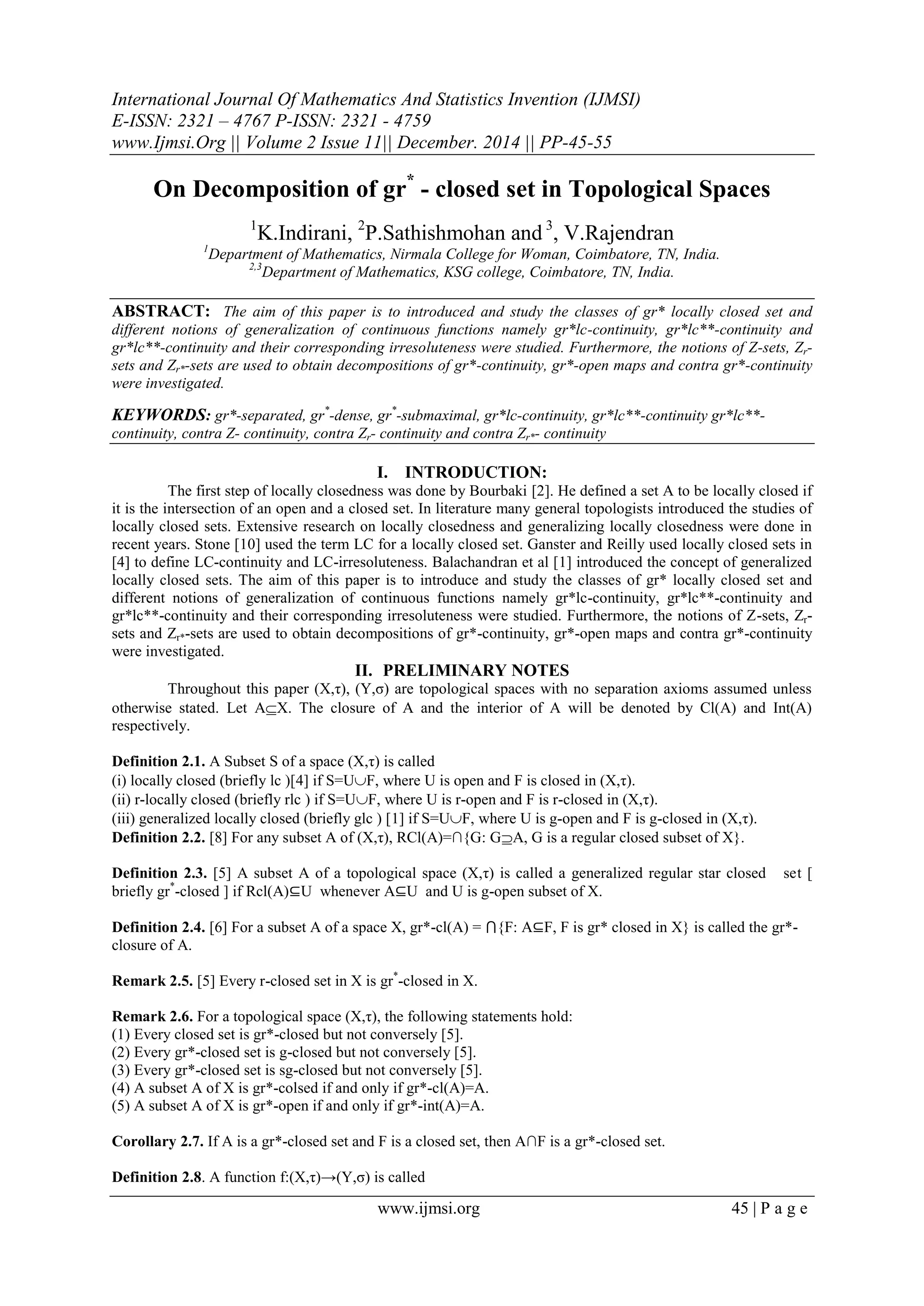 On Decomposition of gr* - closed set in Topological Spaces | PDF