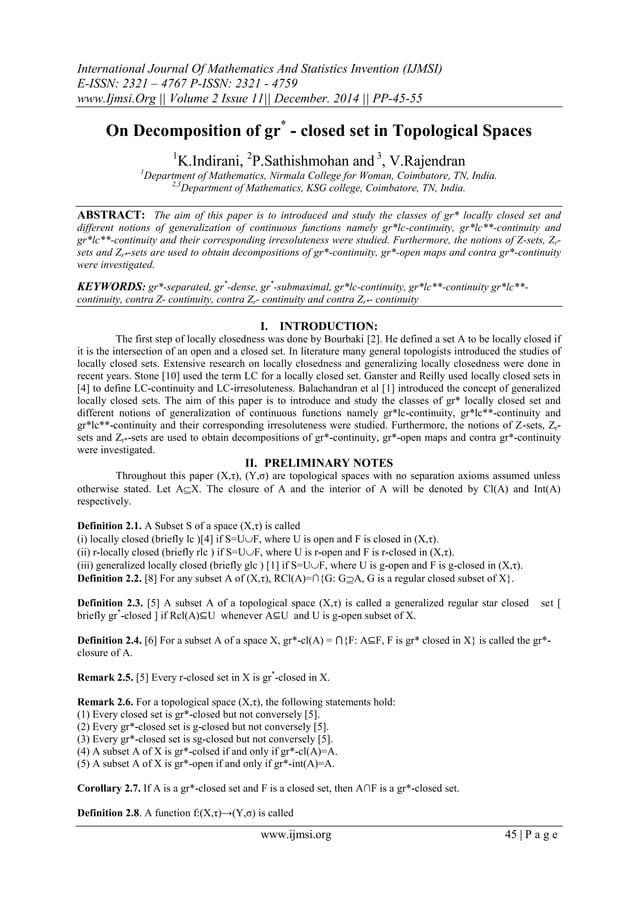 On Decomposition of gr* - closed set in Topological Spaces | PDF
