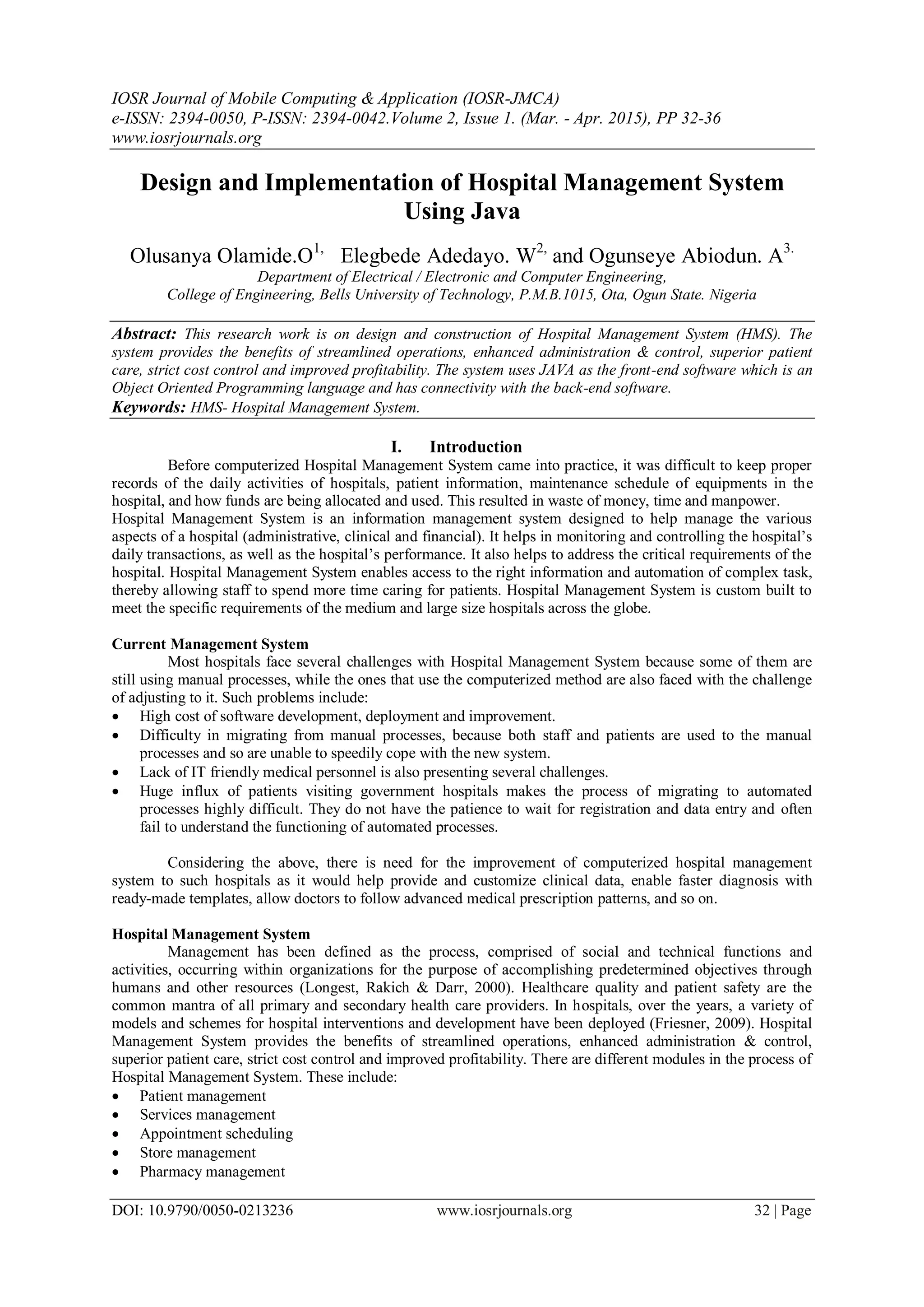 Design and Implementation of Hospital Management System Using Java | PDF