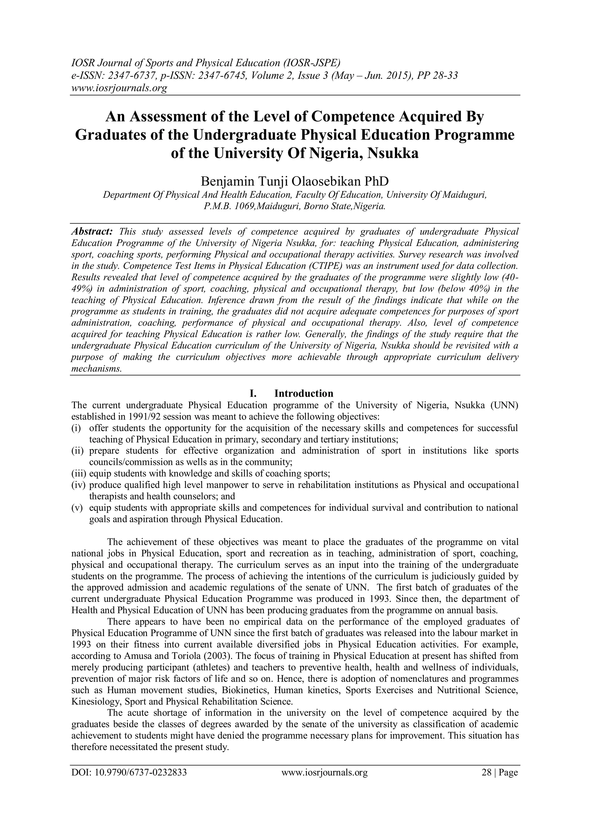 An Assessment of the Level of Competence Acquired By Graduates of the ...