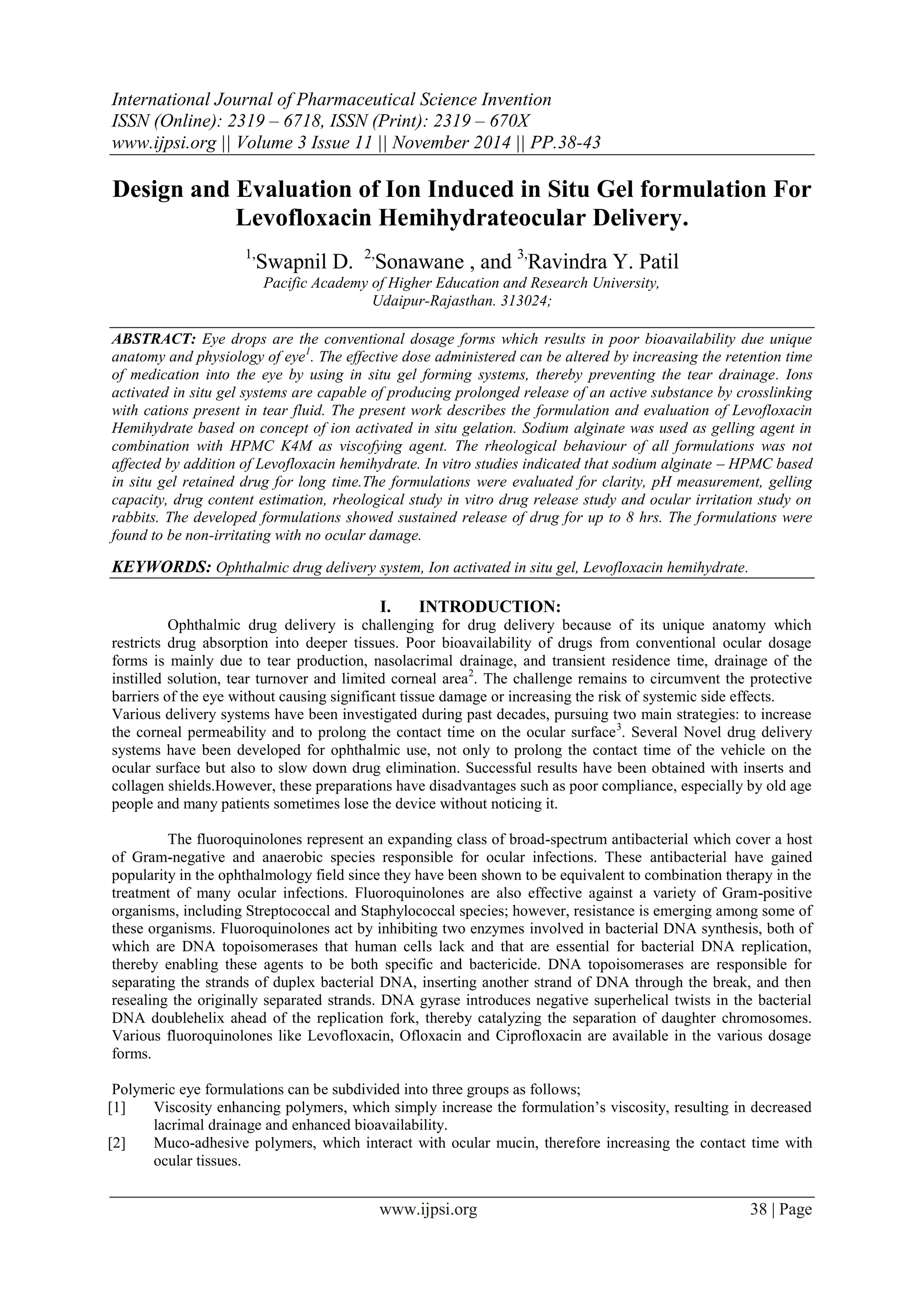 Design and Evaluation of Ion Induced in Situ Gel formulation For ...