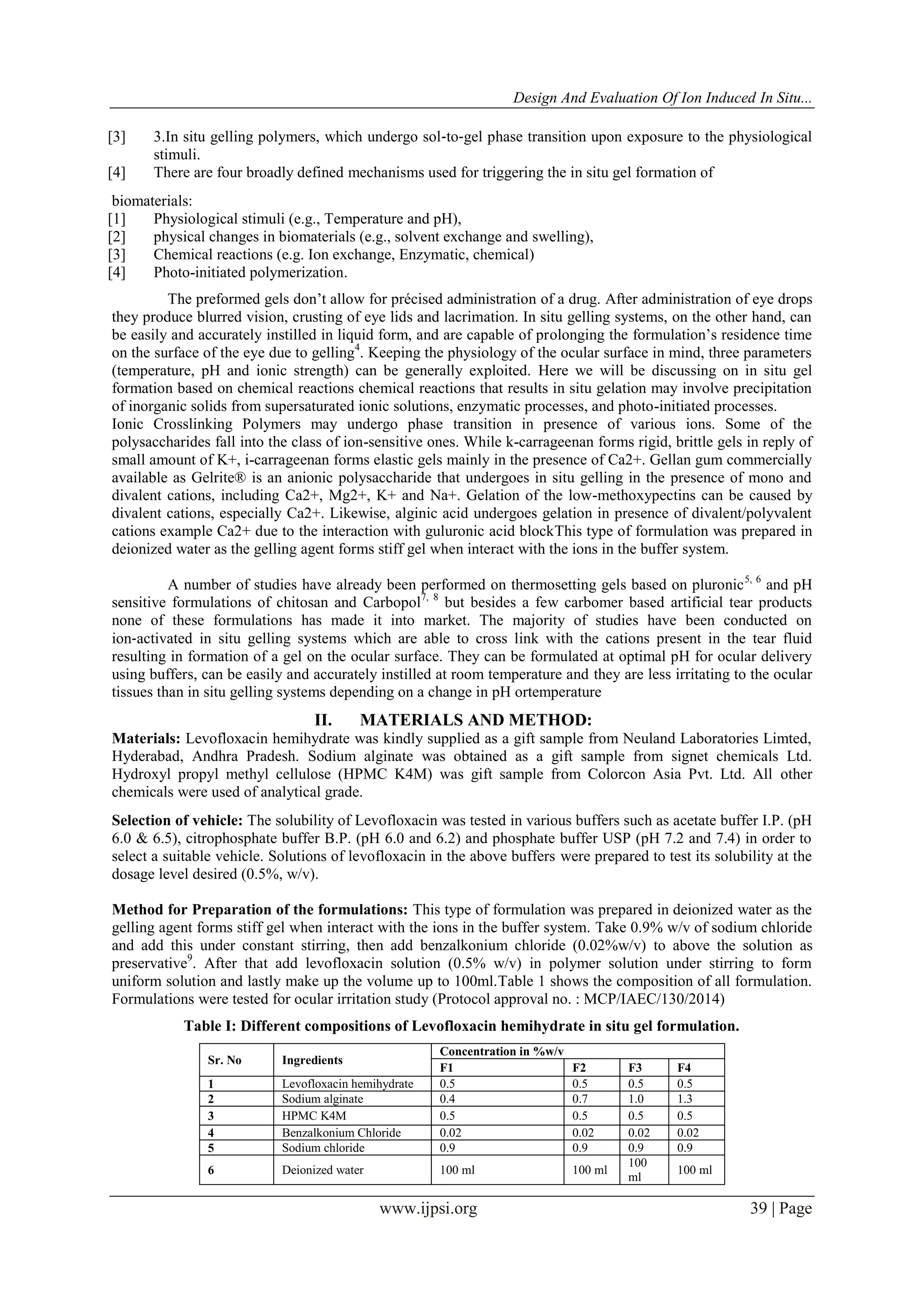 Design and Evaluation of Ion Induced in Situ Gel formulation For Levofloxacin Hemihydrateocular ...