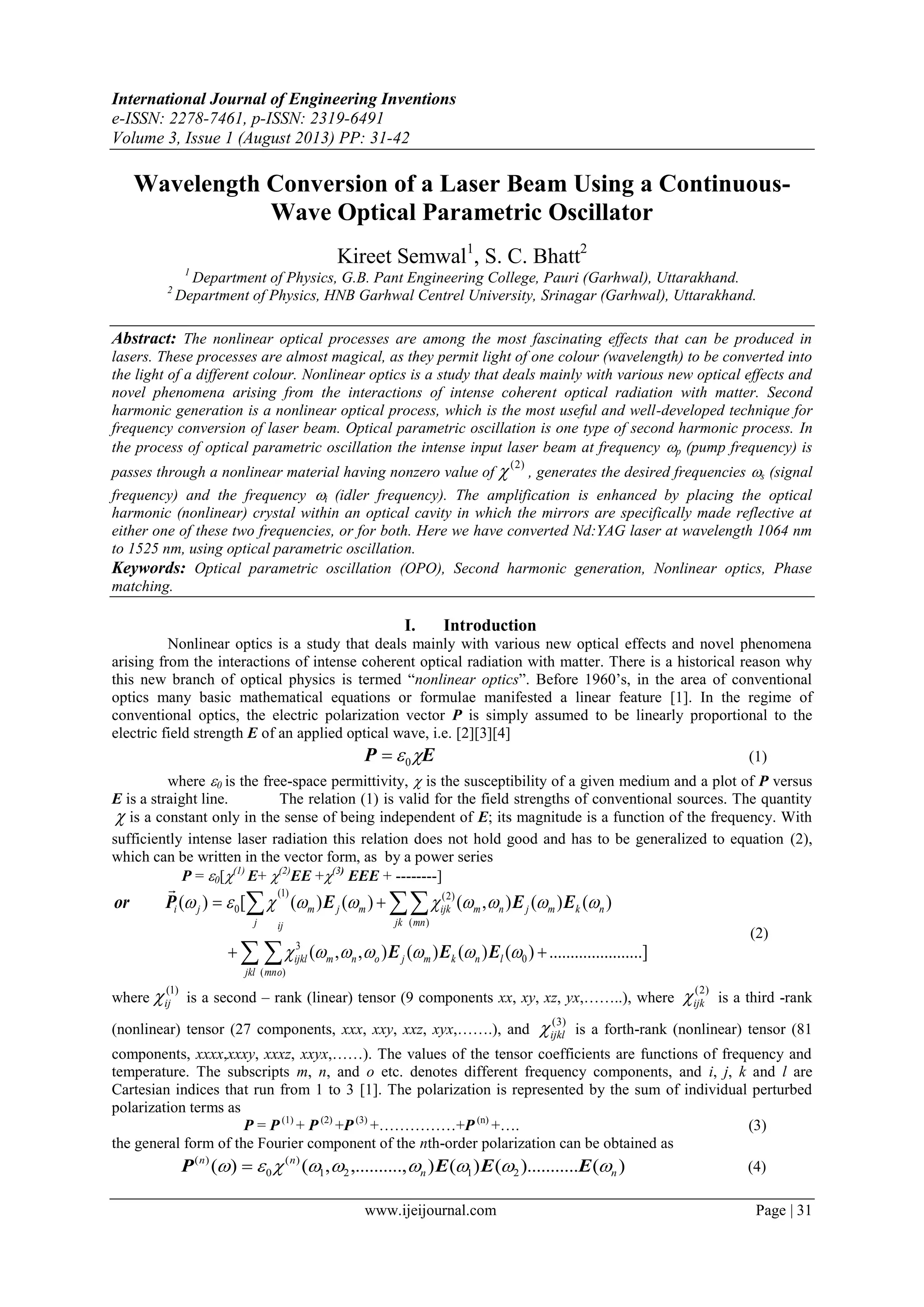 Wavelength Conversion of a Laser Beam Using a Continuous- Wave Optical Parametric Oscillator | PDF
