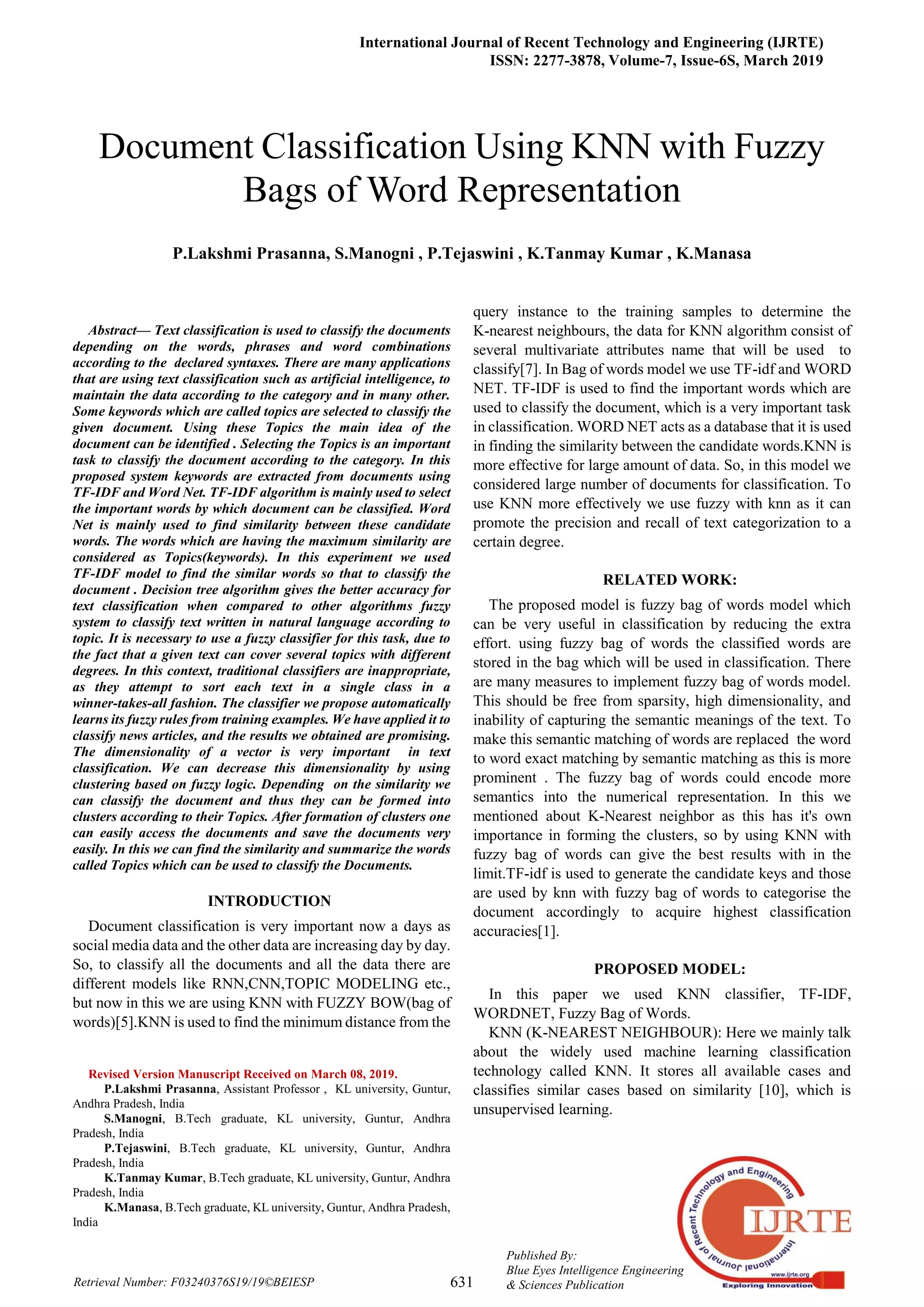 Document Classification Using KNN with Fuzzy Bags of Word Representation | PDF