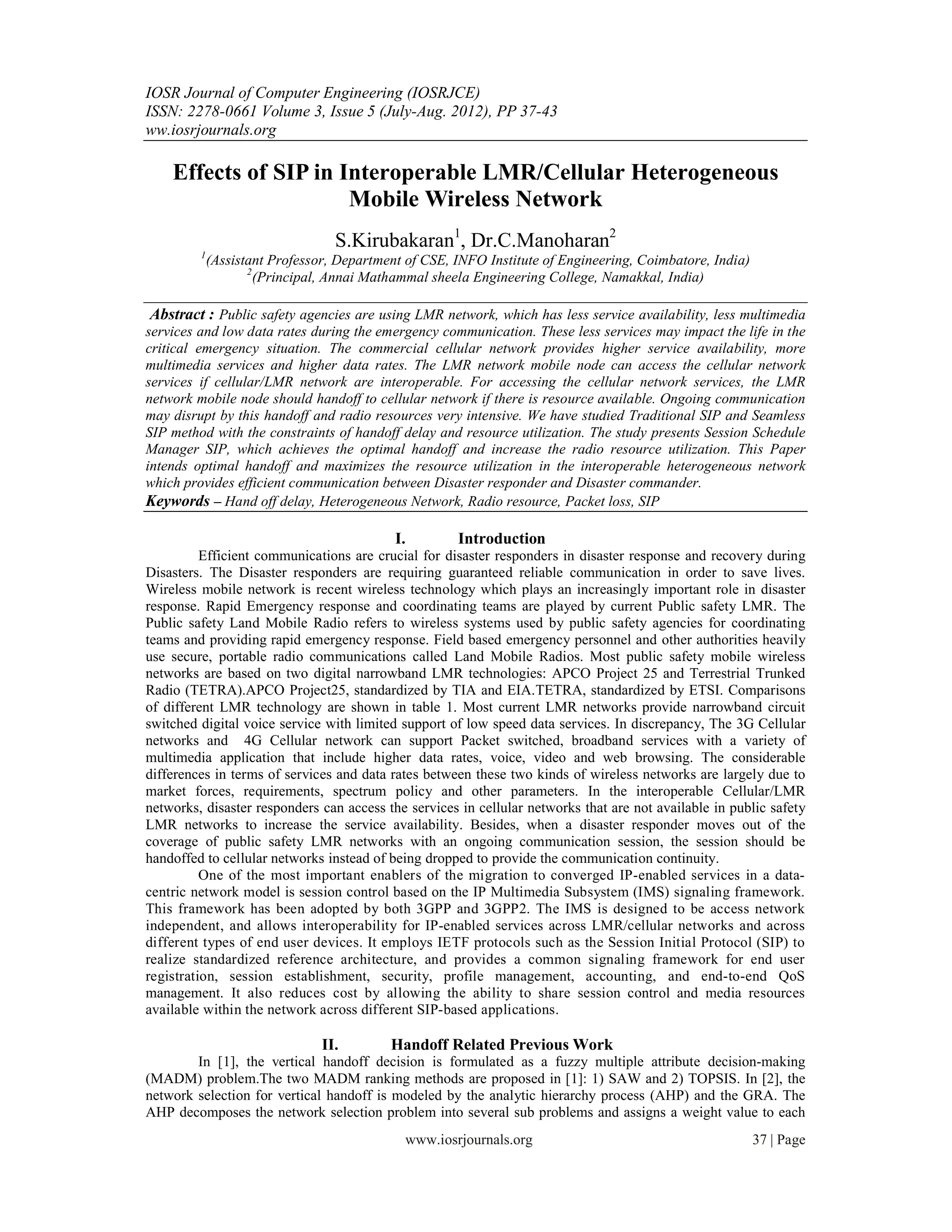 Effects of SIP in Interoperable LMR/Cellular Heterogeneous Mobile ...