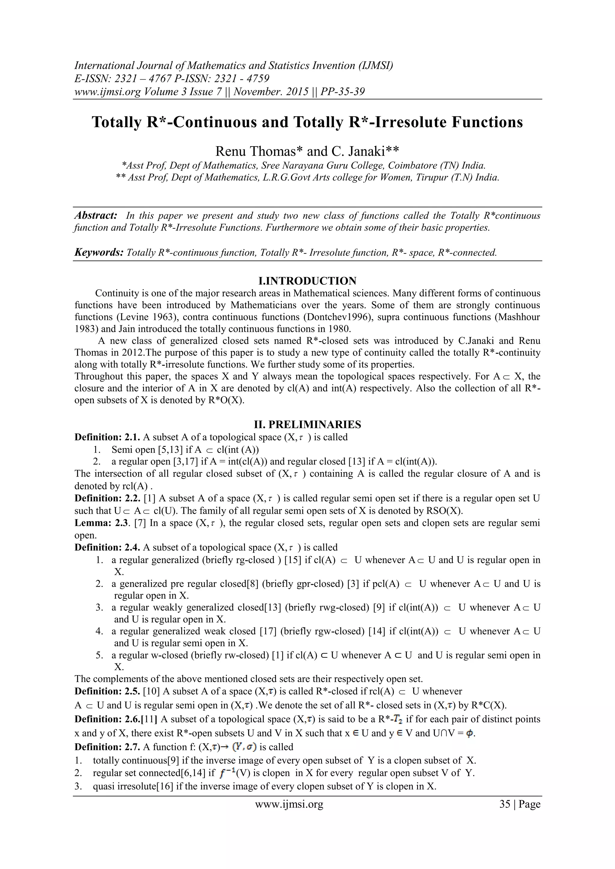 Totally R*-Continuous and Totally R*-Irresolute Functions | PDF