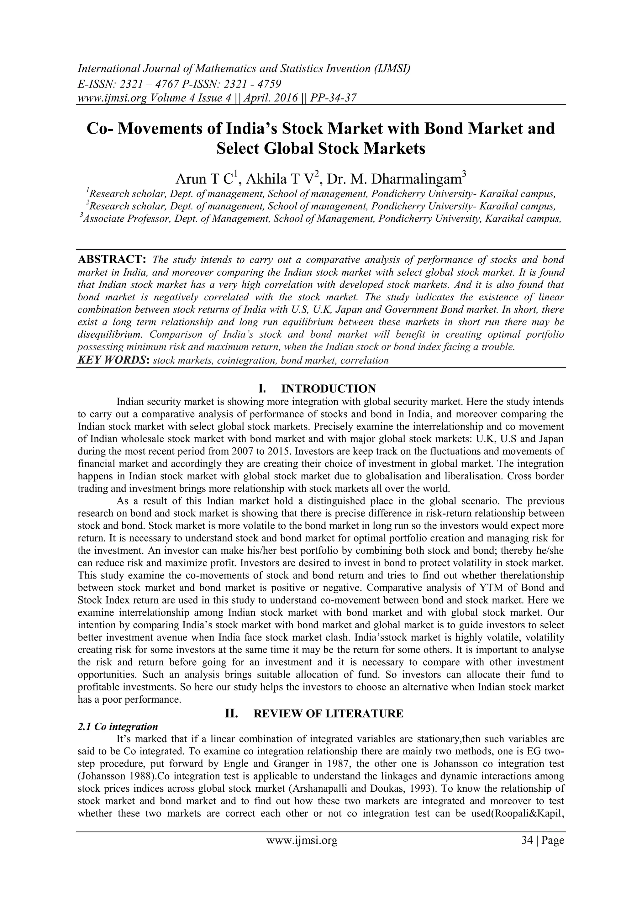 Co- Movements of India’s Stock Market with Bond Market and Select ...